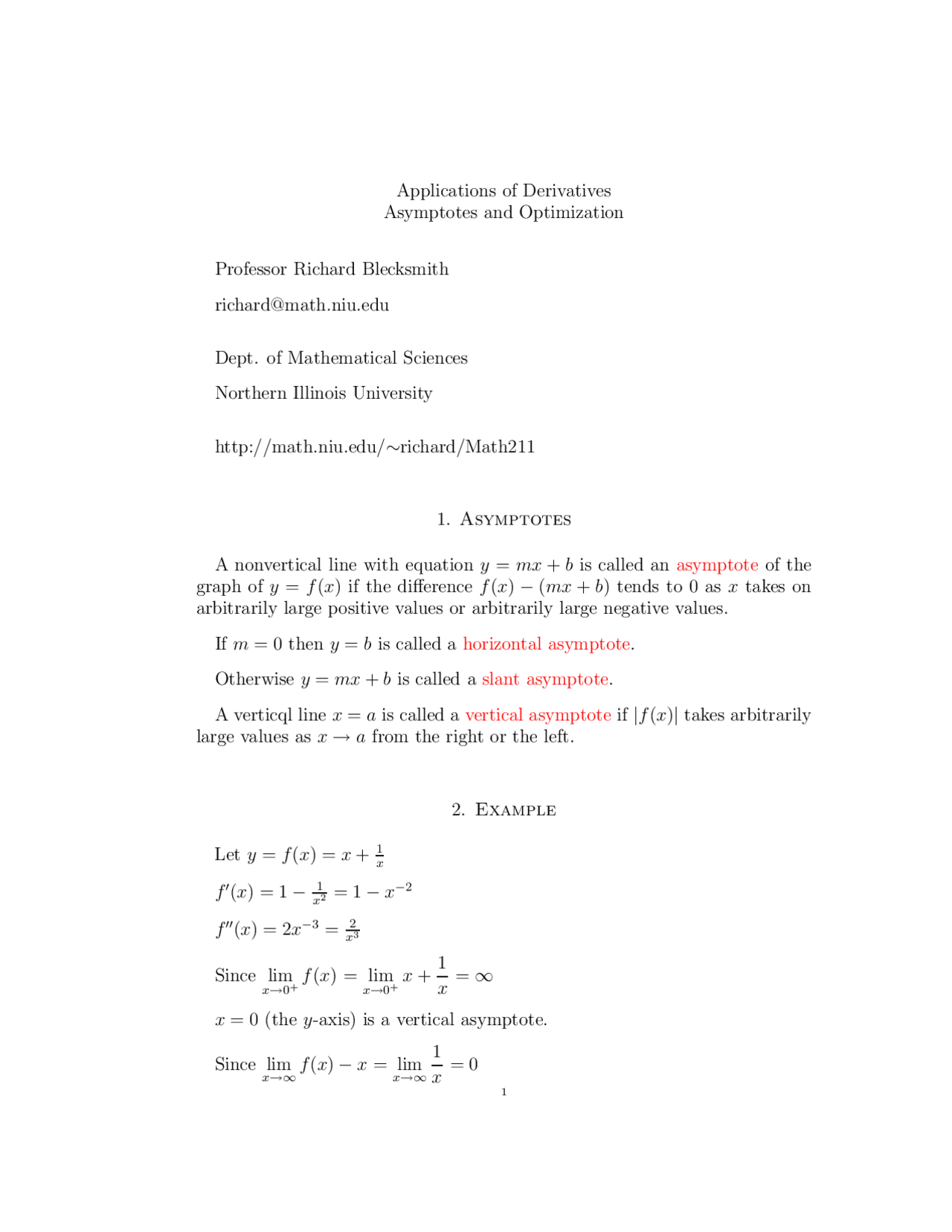 Application of Derivatives Asymptotes and Optimization - Handout | MATH ...