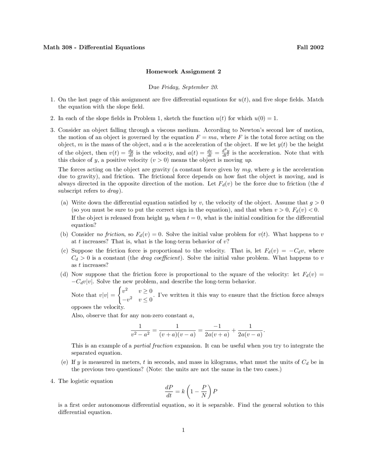 Differential Equations Assignment 2 Fall 2002 Math 308 Docsity