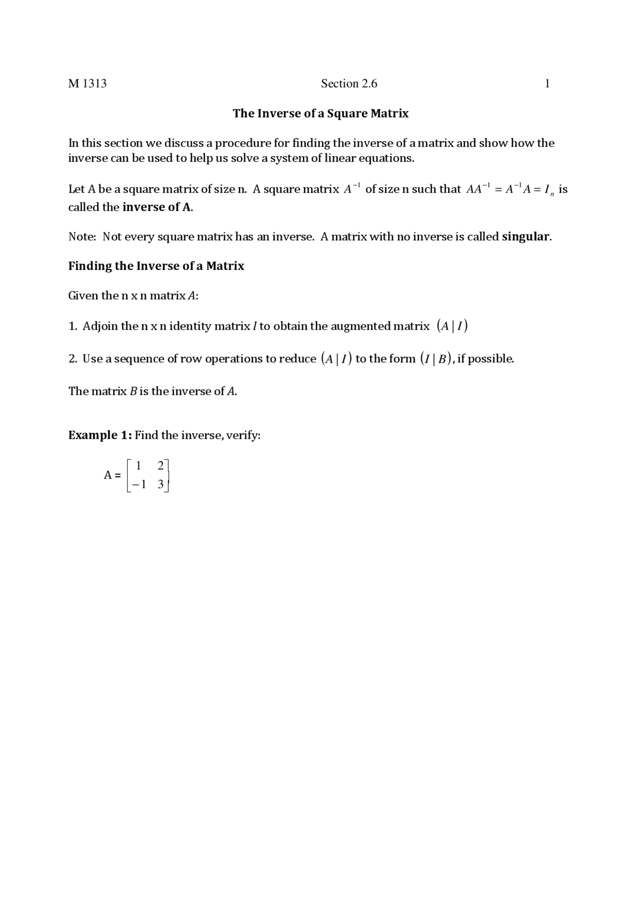 The Inverse of a Square Matrix - Project | MATH 1313 - Docsity