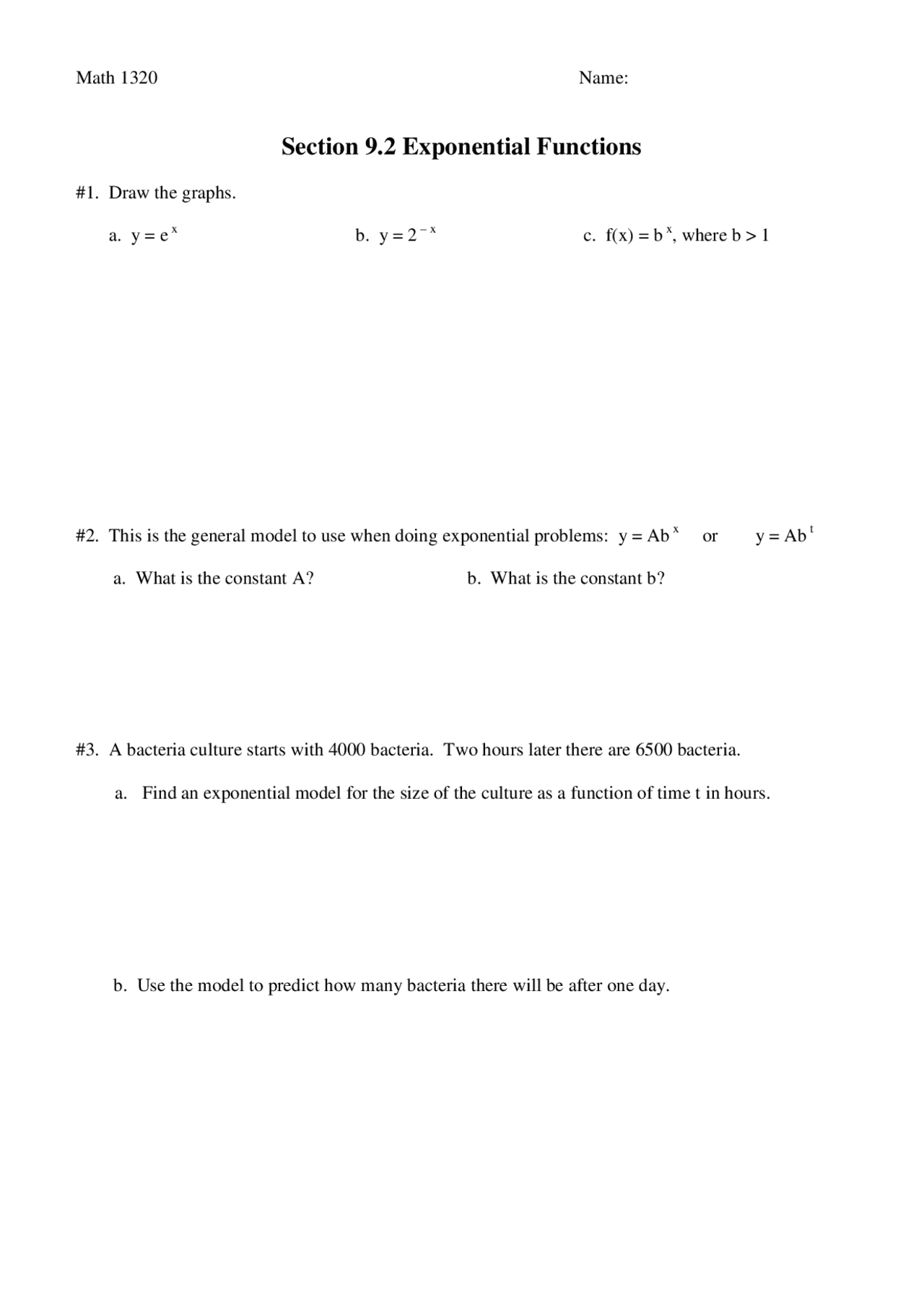 Exponential Functions Assignment Math 1320 Docsity