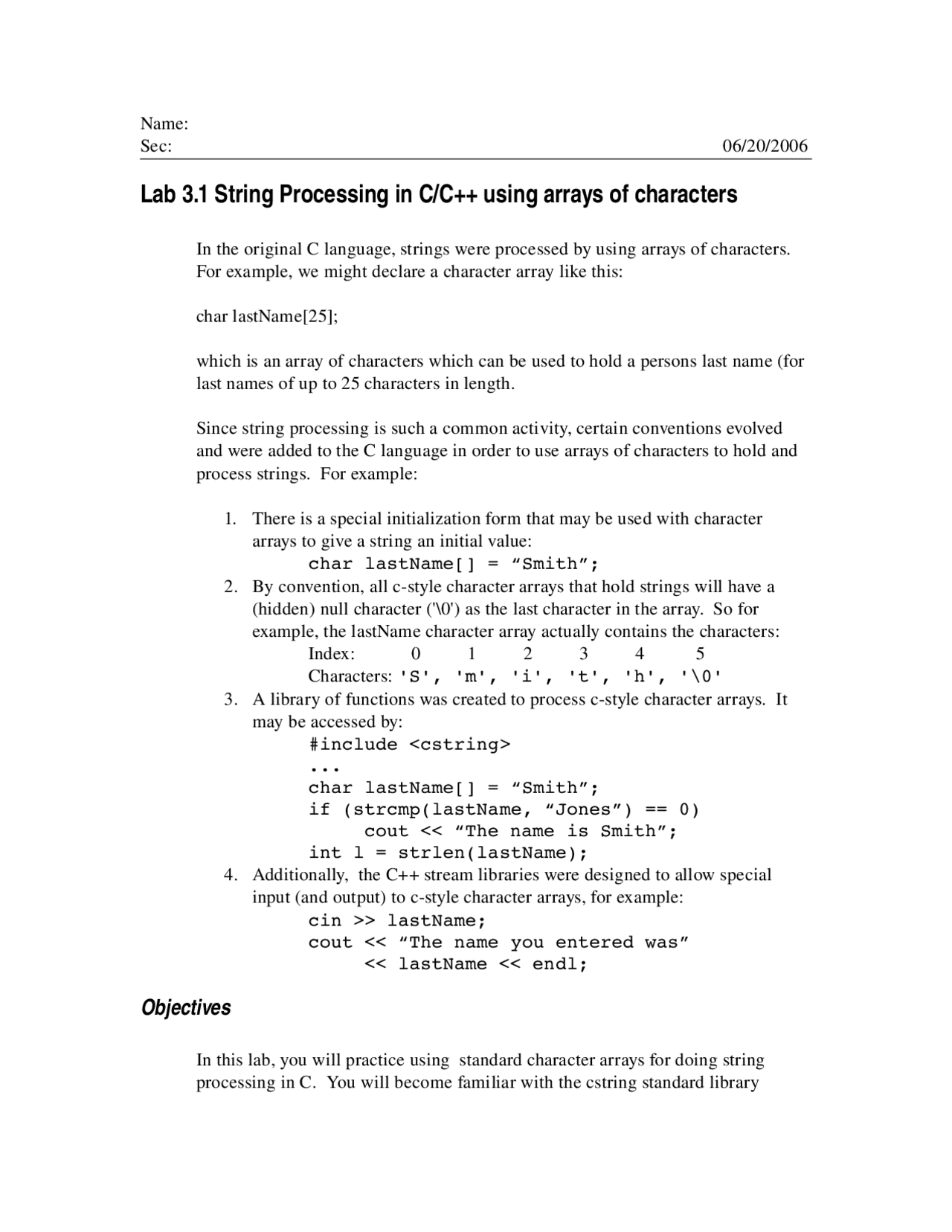 Lab String Processing In C And C Using Arrays Of Characters Csci 9162
