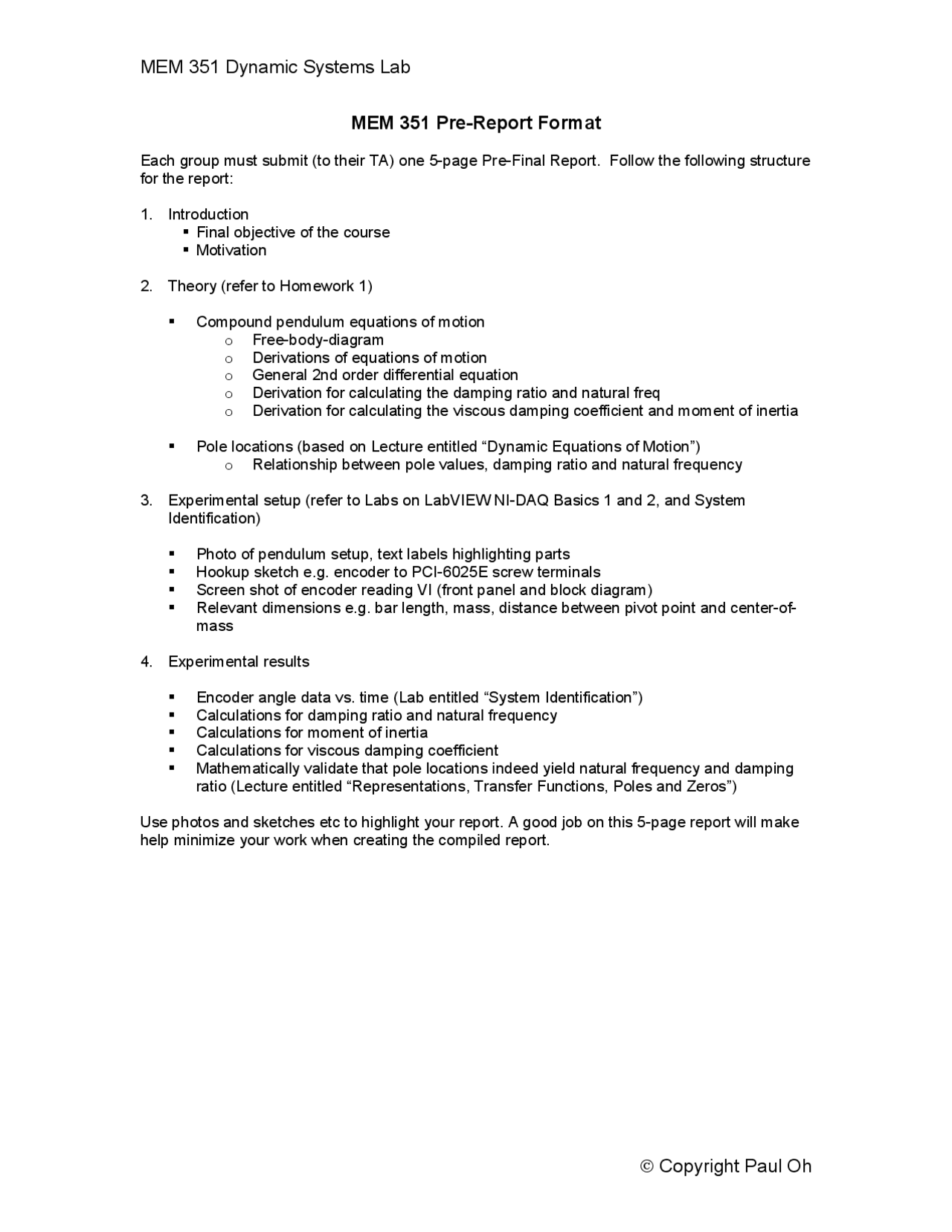 Pre-Report Format - Dynamic Systems Laboratory I | MEM 351 - Docsity