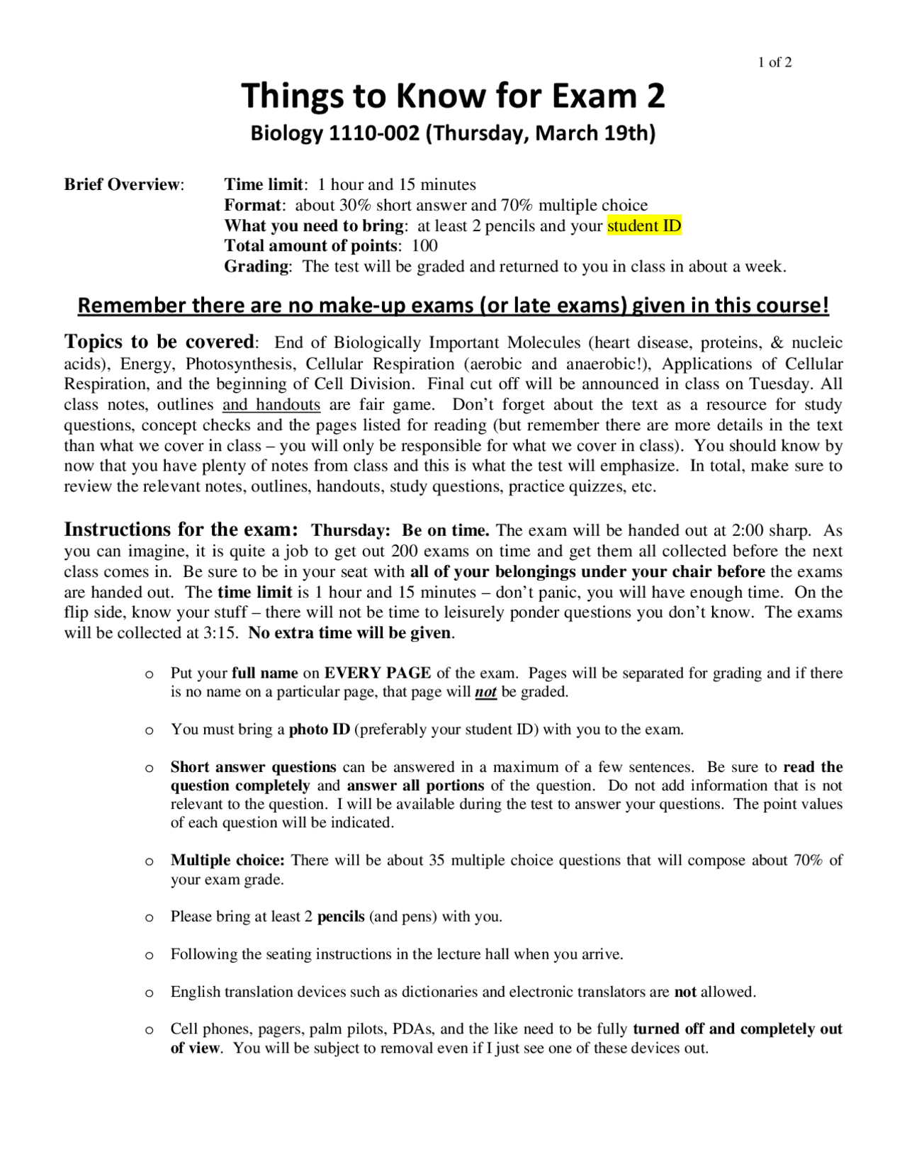 Instructions For Exam 2 Principles Of Biology I Biol 1110 Docsity