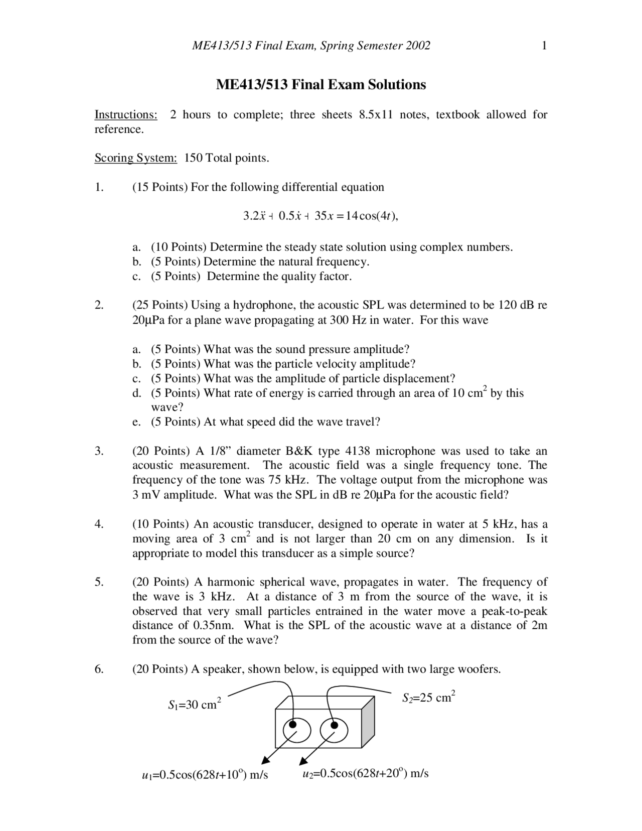 Final Exam With Solutions Engineering Acoustics Me 413 Docsity