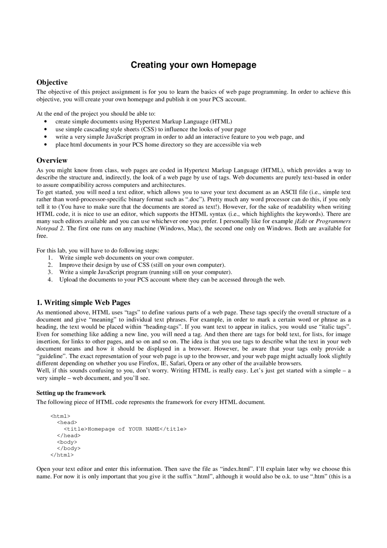 Creating Your Own Homepage Foundations Of Computer Science Project