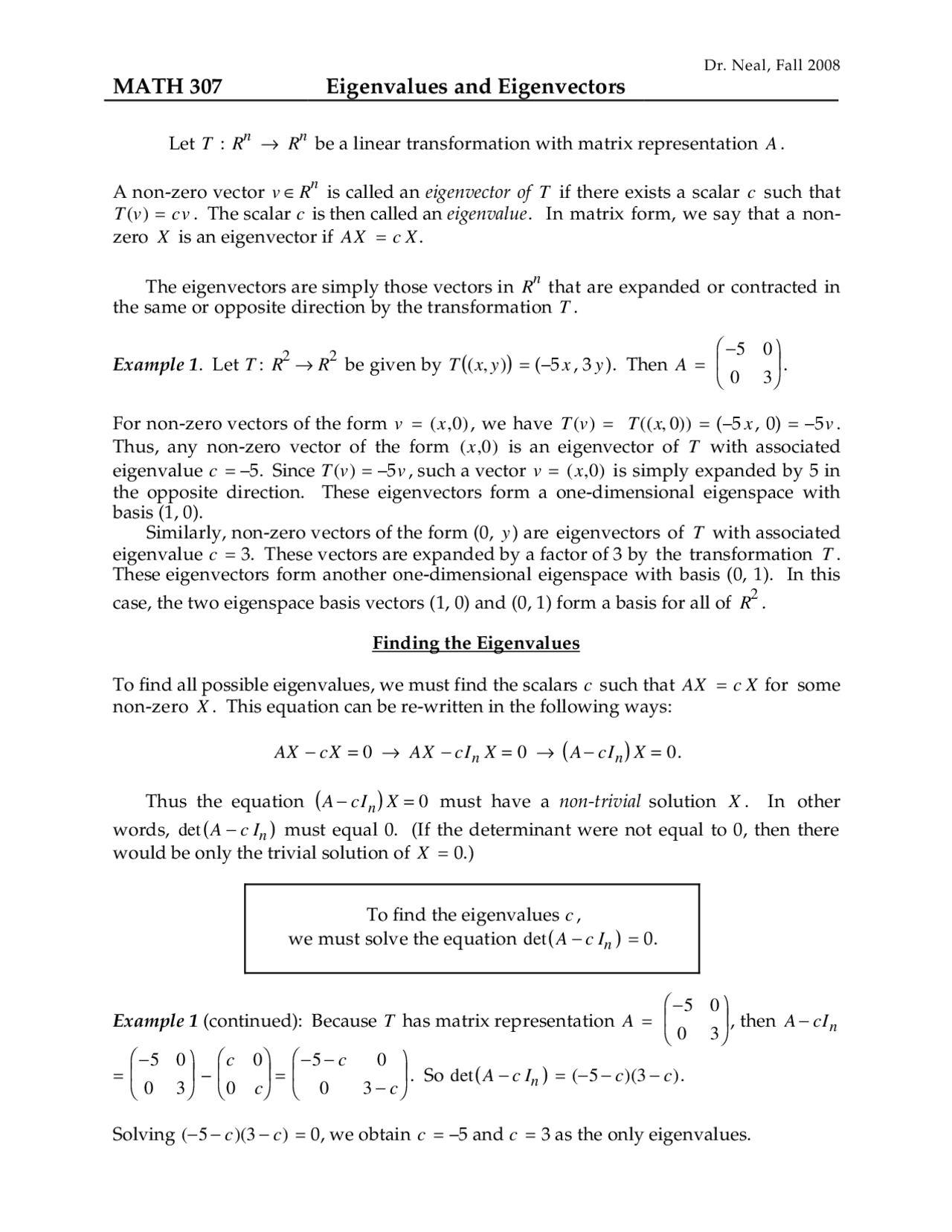 Eigenvalues And Eigenvectors Lecture Notes Math 307 Docsity