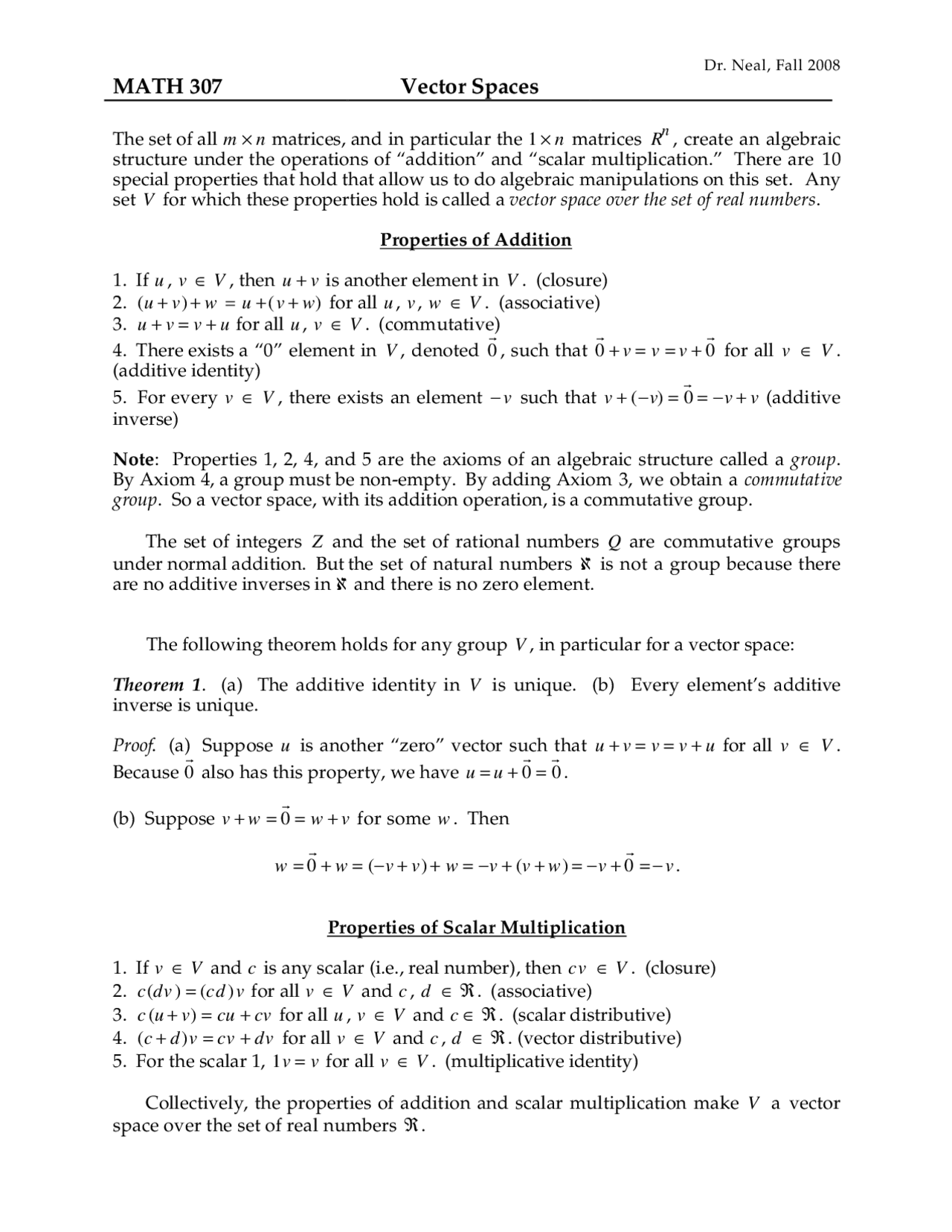 Vector Spaces - Introduction to Linear Algebra - Assignment | MATH 307 - Docsity