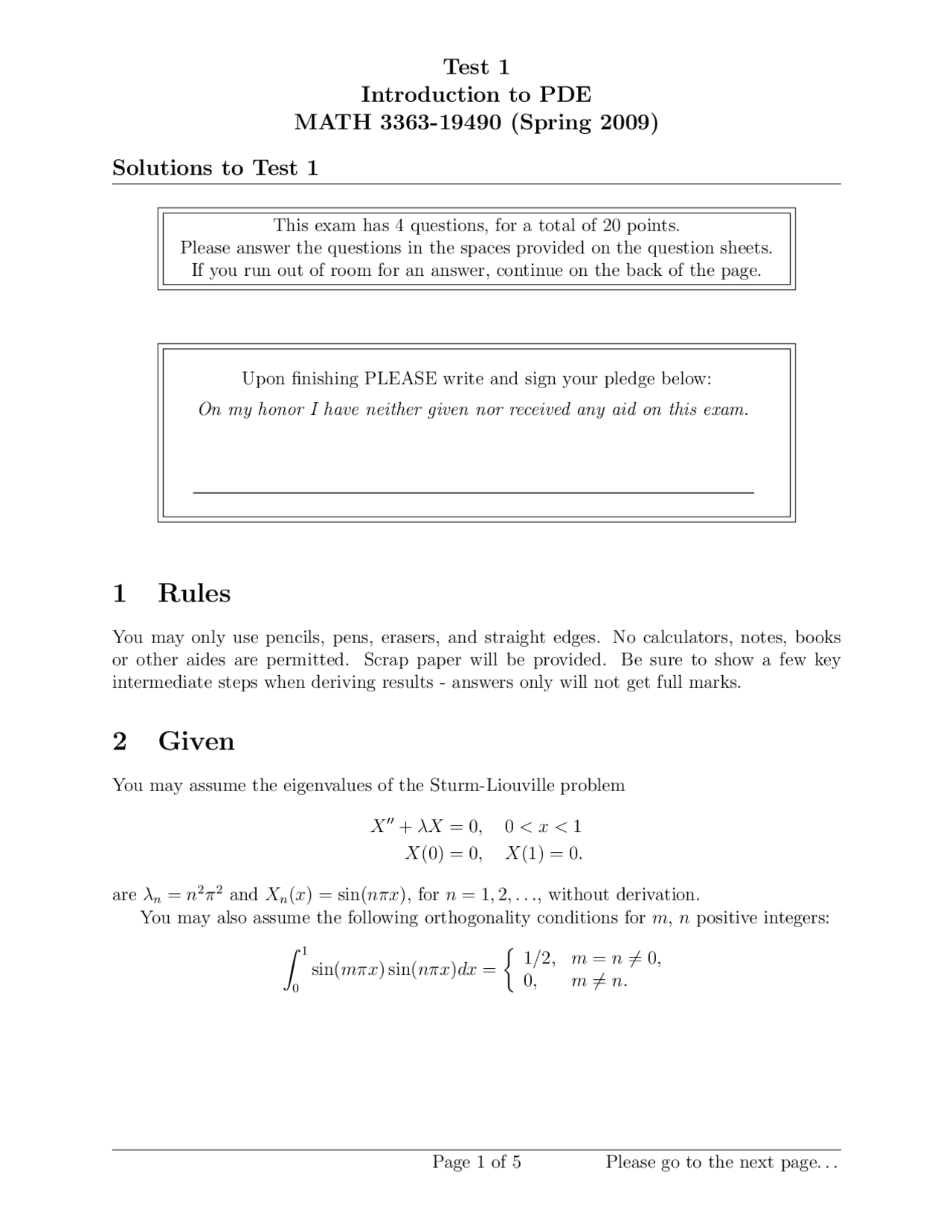 Solutions To Test 1 Introduction To Partial Differential Equations Math 3363 Docsity