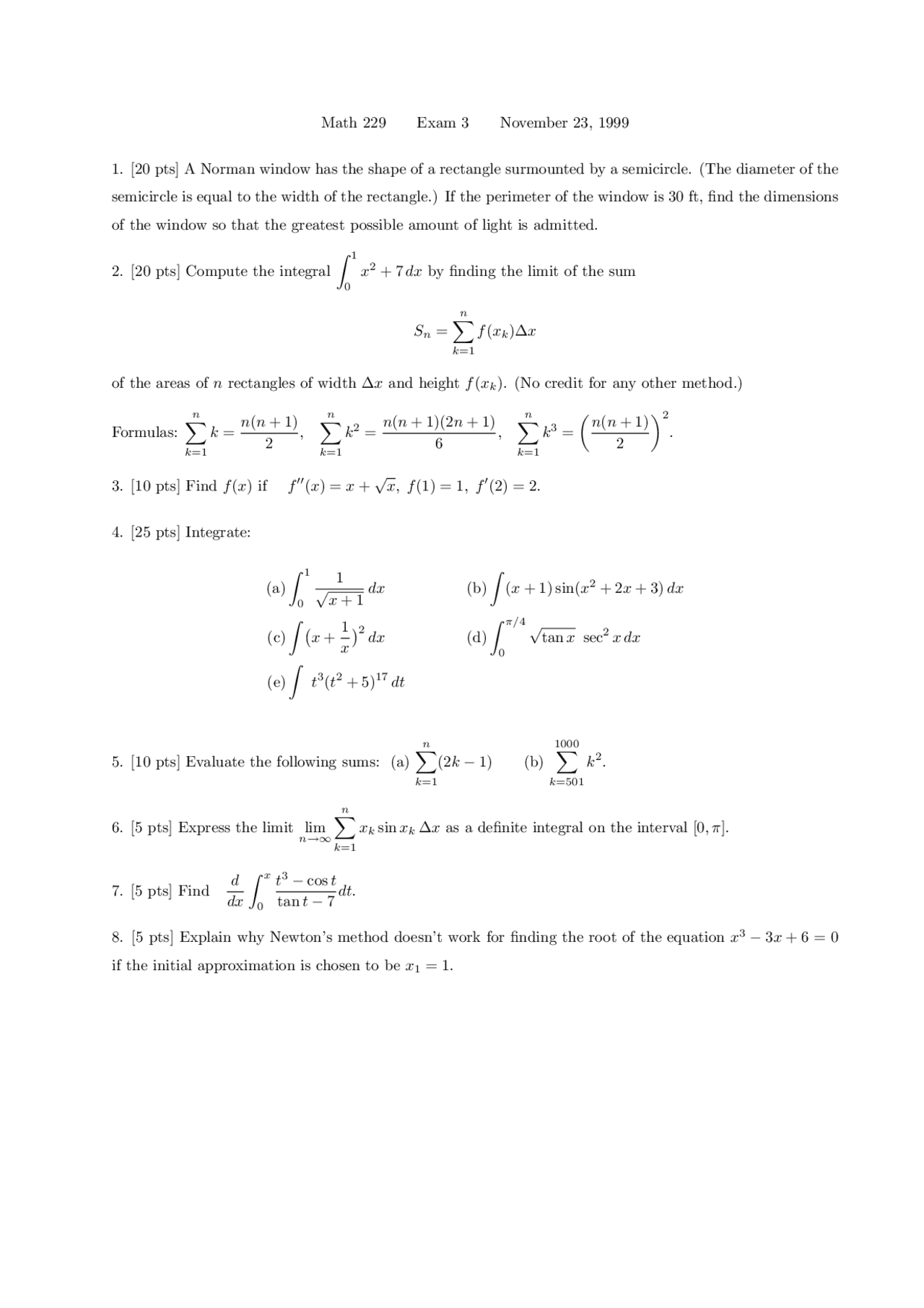 Practice Exam 3 Calculus I Fall 1999 Math 229 Docsity