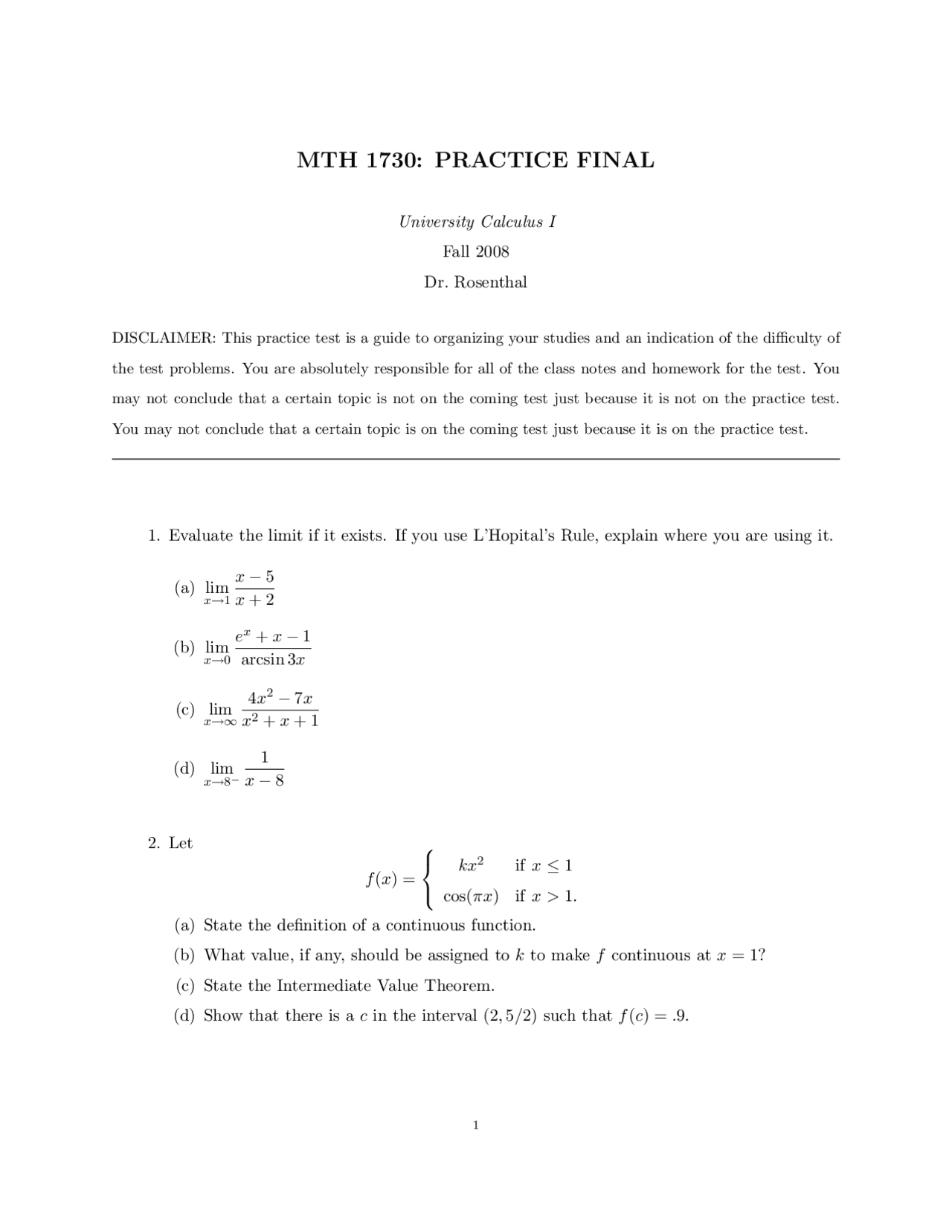 Practice Final Exam Questions Calculus I Fall 2008 Mth 1730 Docsity