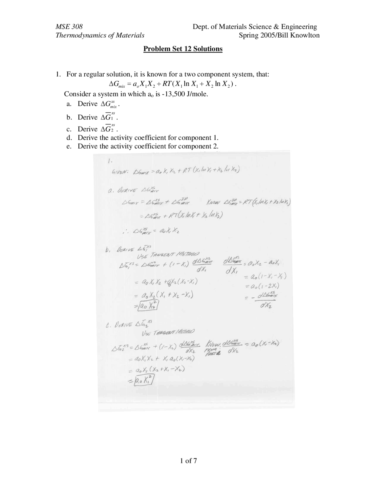 Problem Set 12 Solutions Thermodynamics Of Materials Mse 308 Docsity