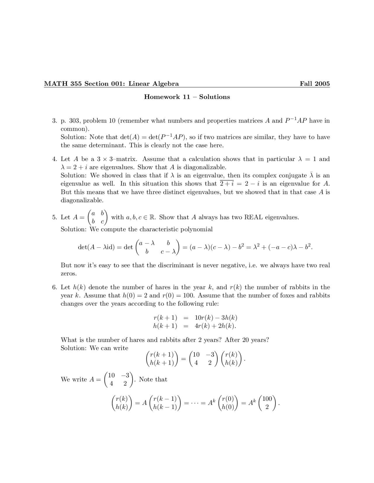 Solutions to Homework 11 - Linear Algebra | MATH 355 - Docsity