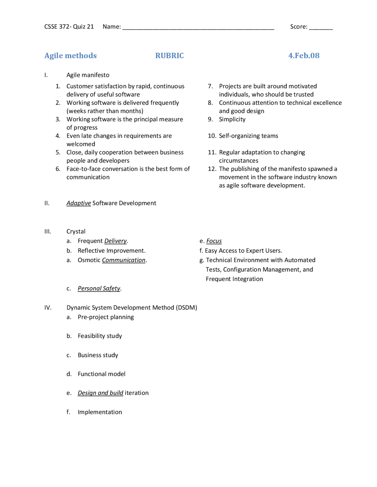 Rubrics Of Agile Methods Software Project Management Csse 372 Docsity