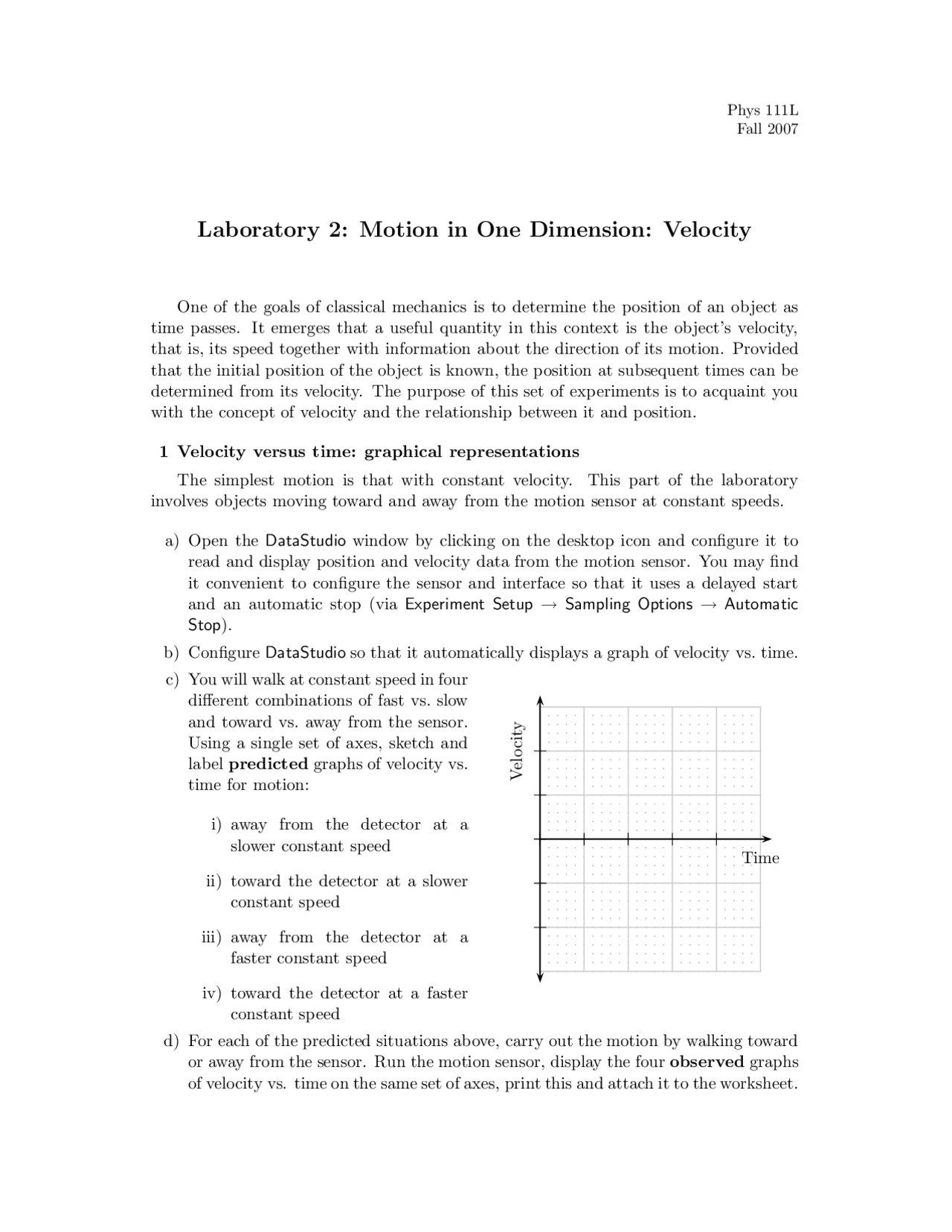 Motion In One Dimension Velocity Laboratory Ii Phys 111 Docsity