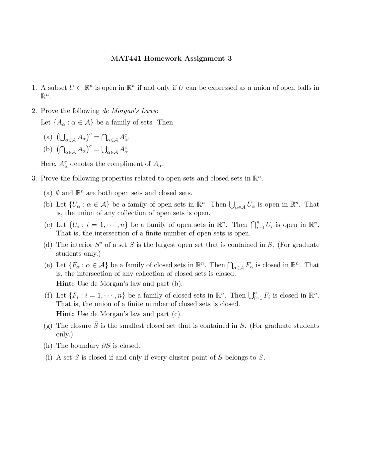 Assignment 3 Advanced Calculus I Mat 441 Docsity