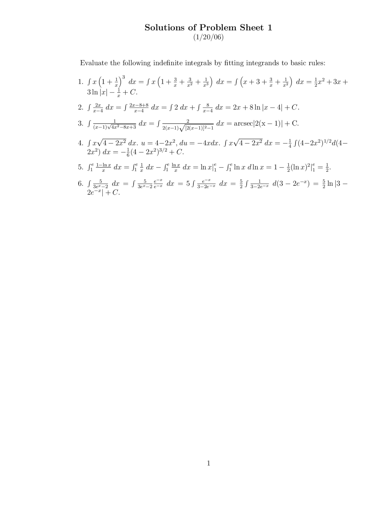 Solutions of Problem Sheet I - Calculus II | MATH 1592 | Assignments Calculus | Docsity