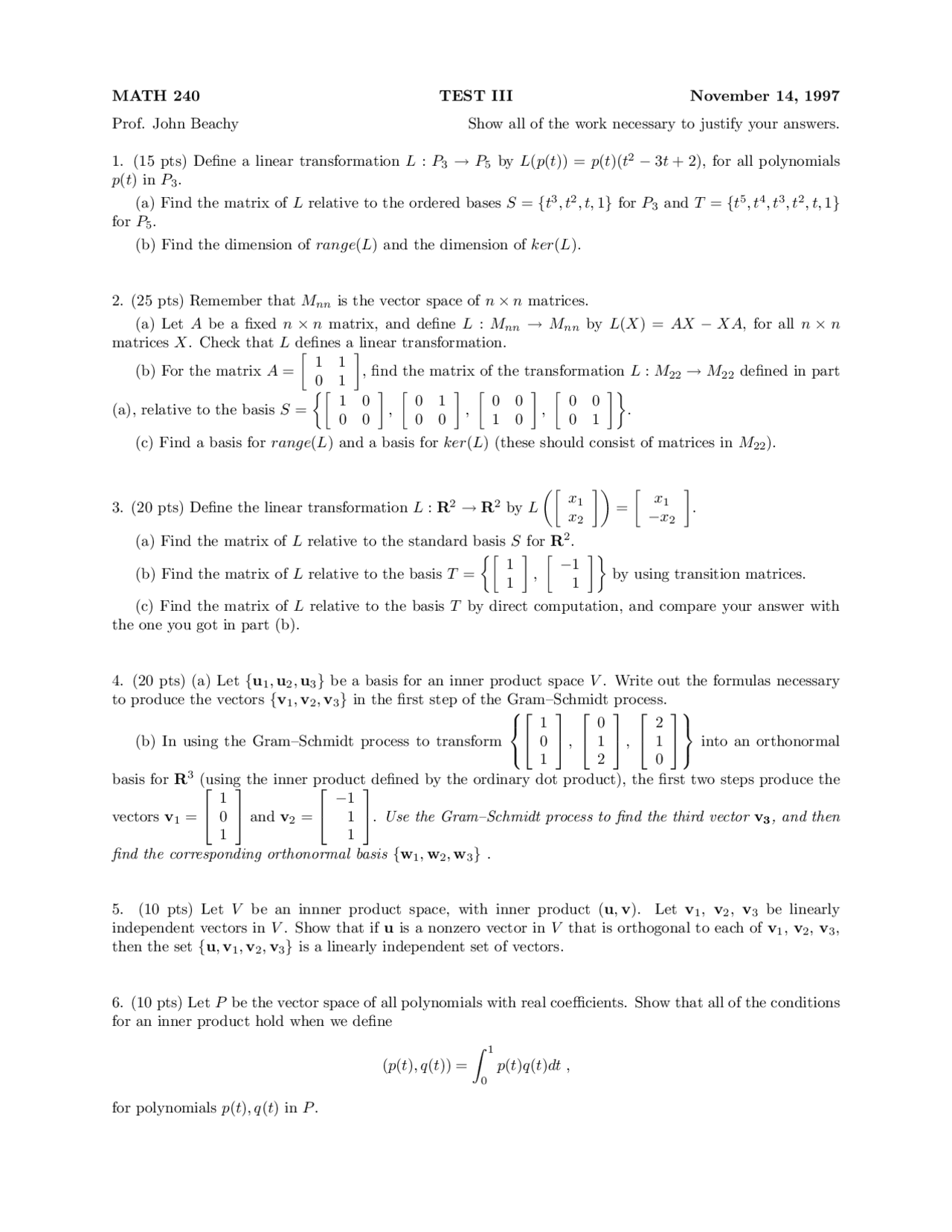 Exam 3 For Linear Algebra And Applications Math 240 Docsity