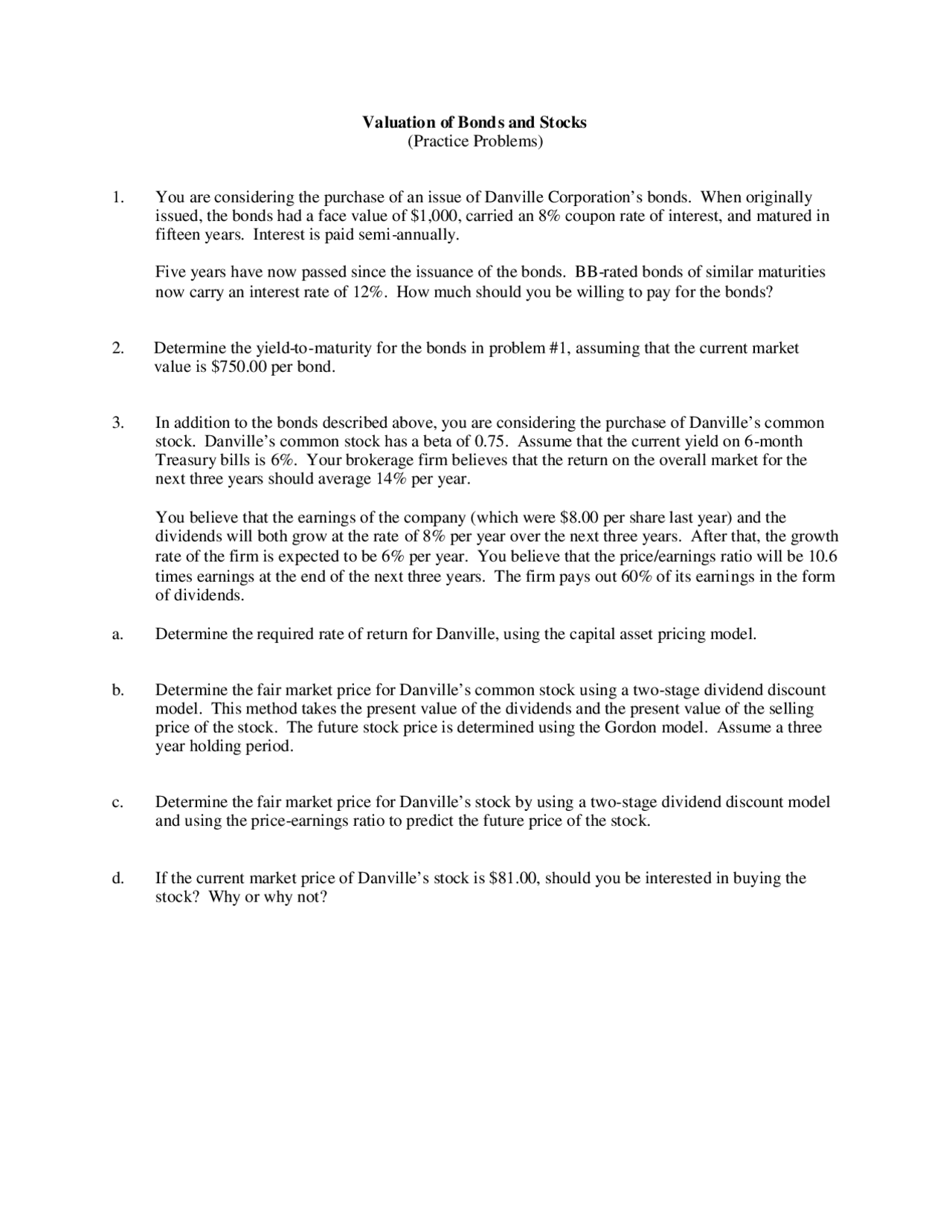 Practice Problems On Valuation Of Bonds And Stocks Assignment Fin