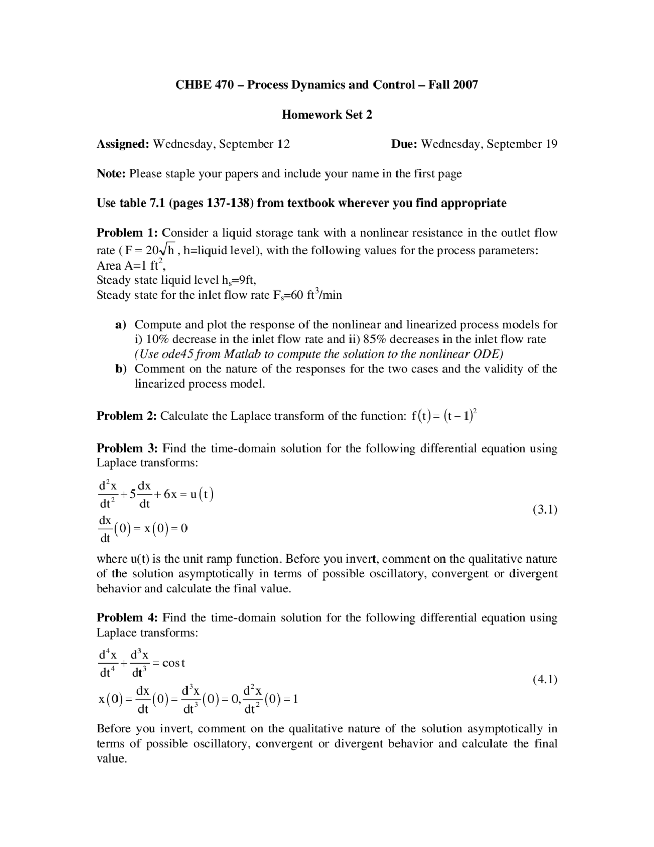 Process Dynamics And Control Homework Set 2 Chbe 470 Docsity