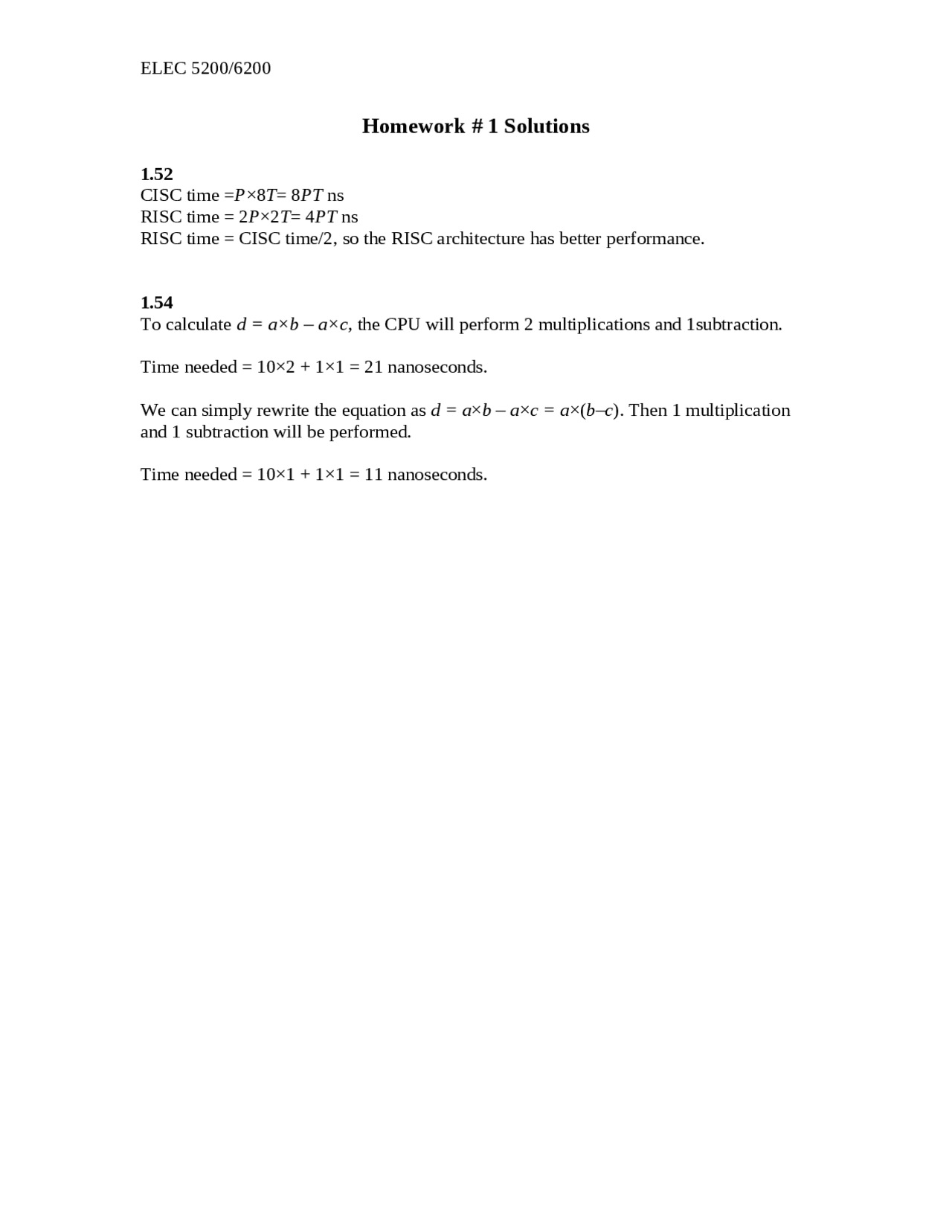 Computer Architecture And Design Homework 1 With Solutions Elec 5200 Docsity