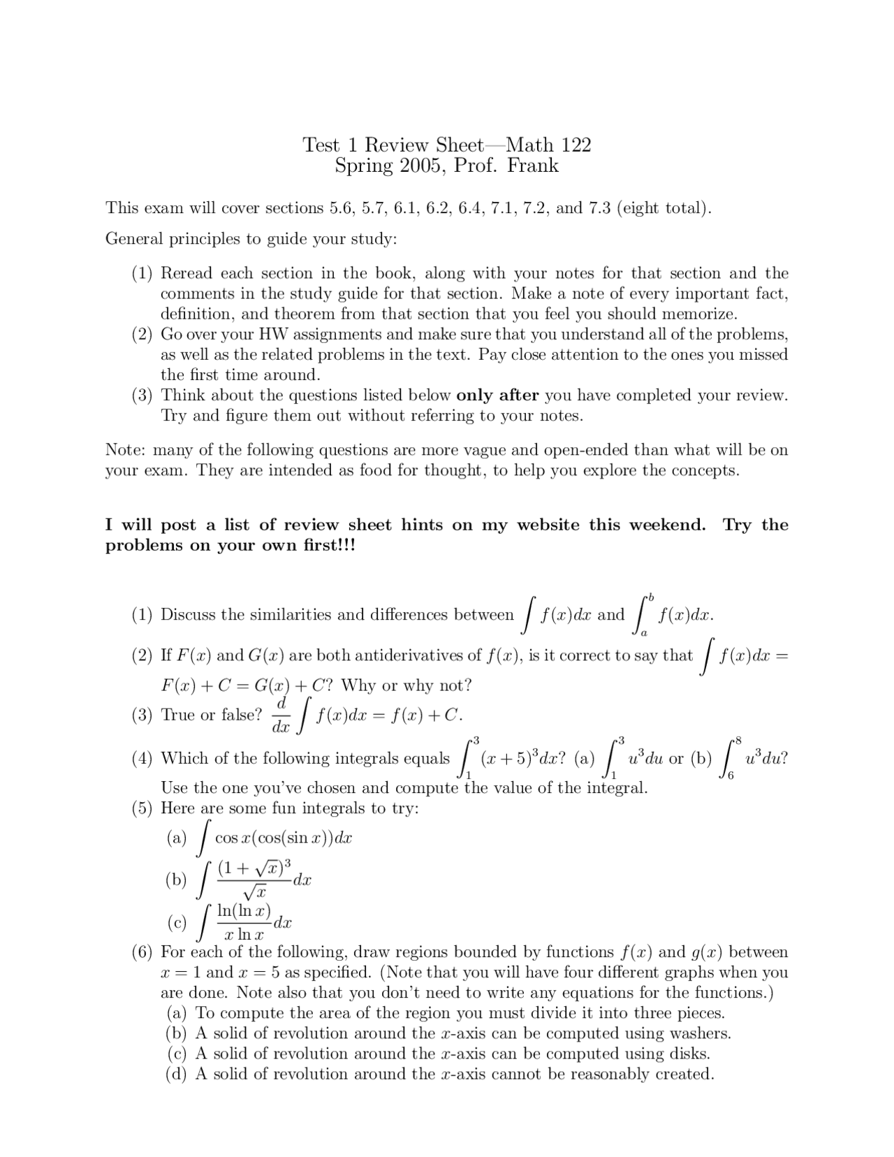 Test 1 Review Sheet Single Variable Calculus Math 122 Docsity