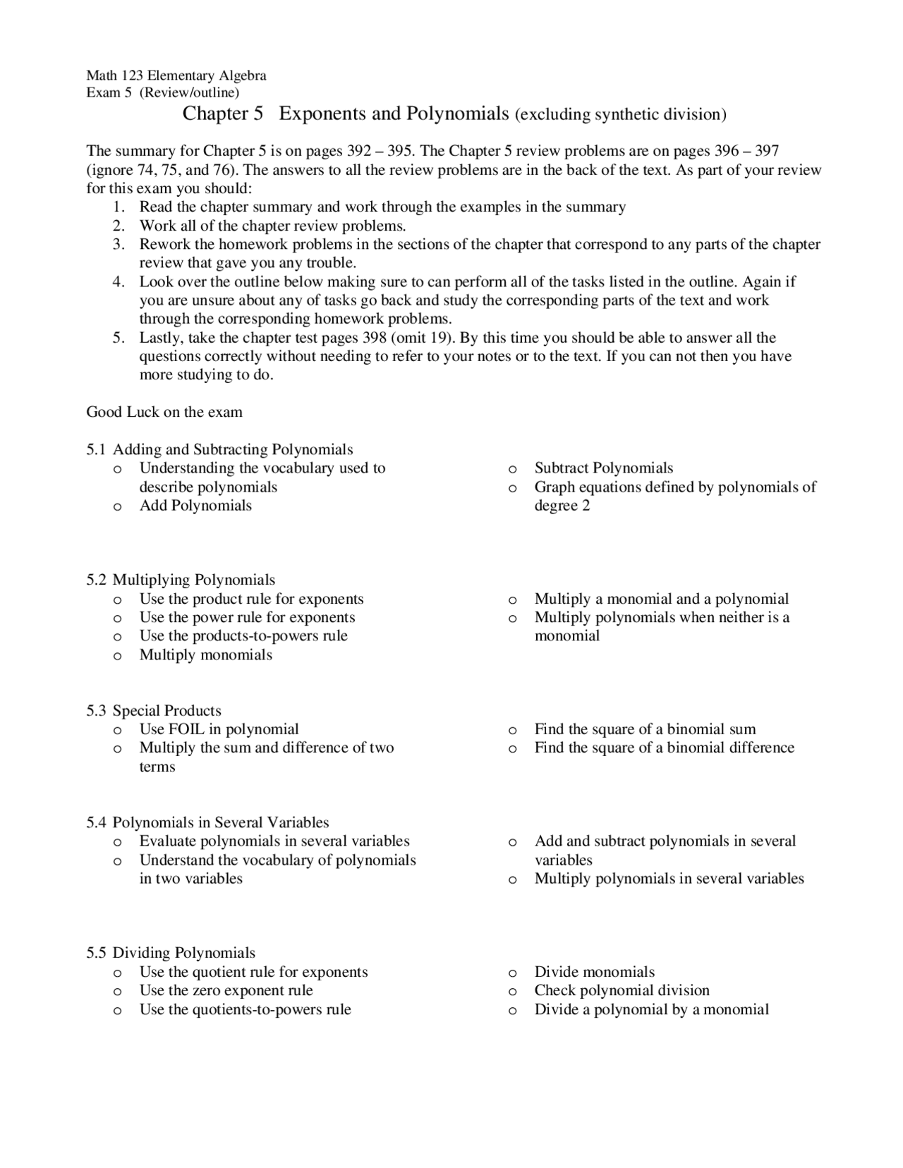 Exponents and Polynomials - Elementary Algebra - Notes | MATH 123 - Docsity