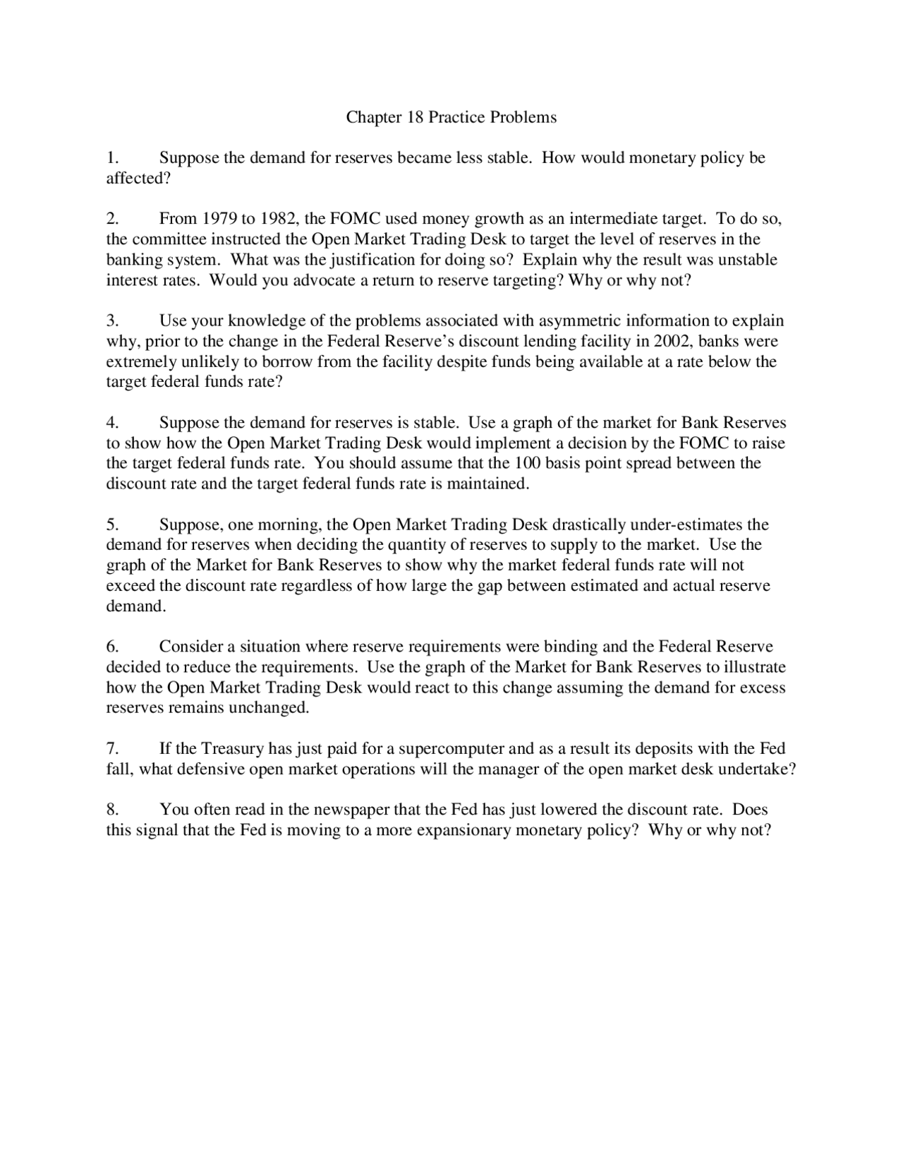 Practice Problems For Assignment Money And Banking Econ 311 Docsity