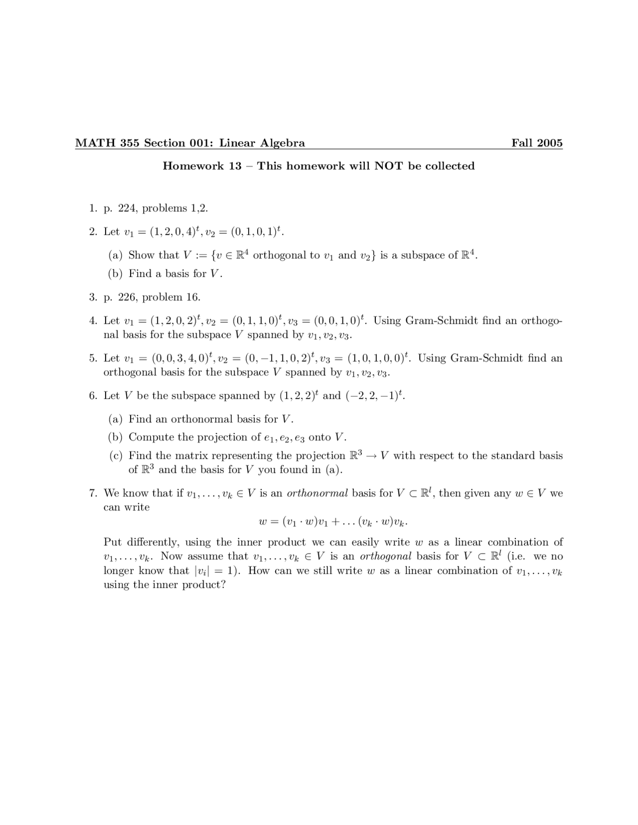 7 Questions For Assignment 13 Linear Algebra Math 355 Docsity