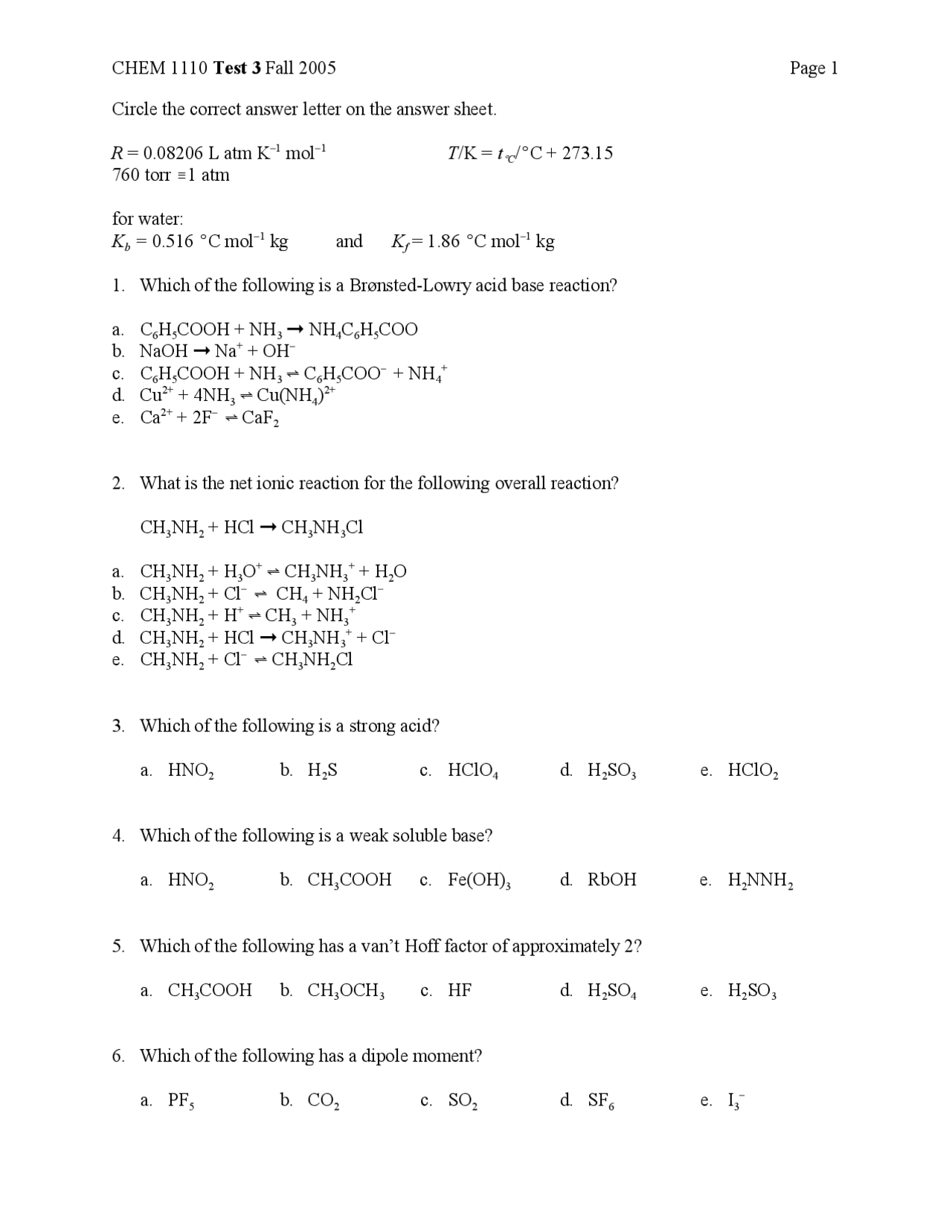 Practice Test 3 General Chemistry I Fall 2005 Chem 1110 Docsity