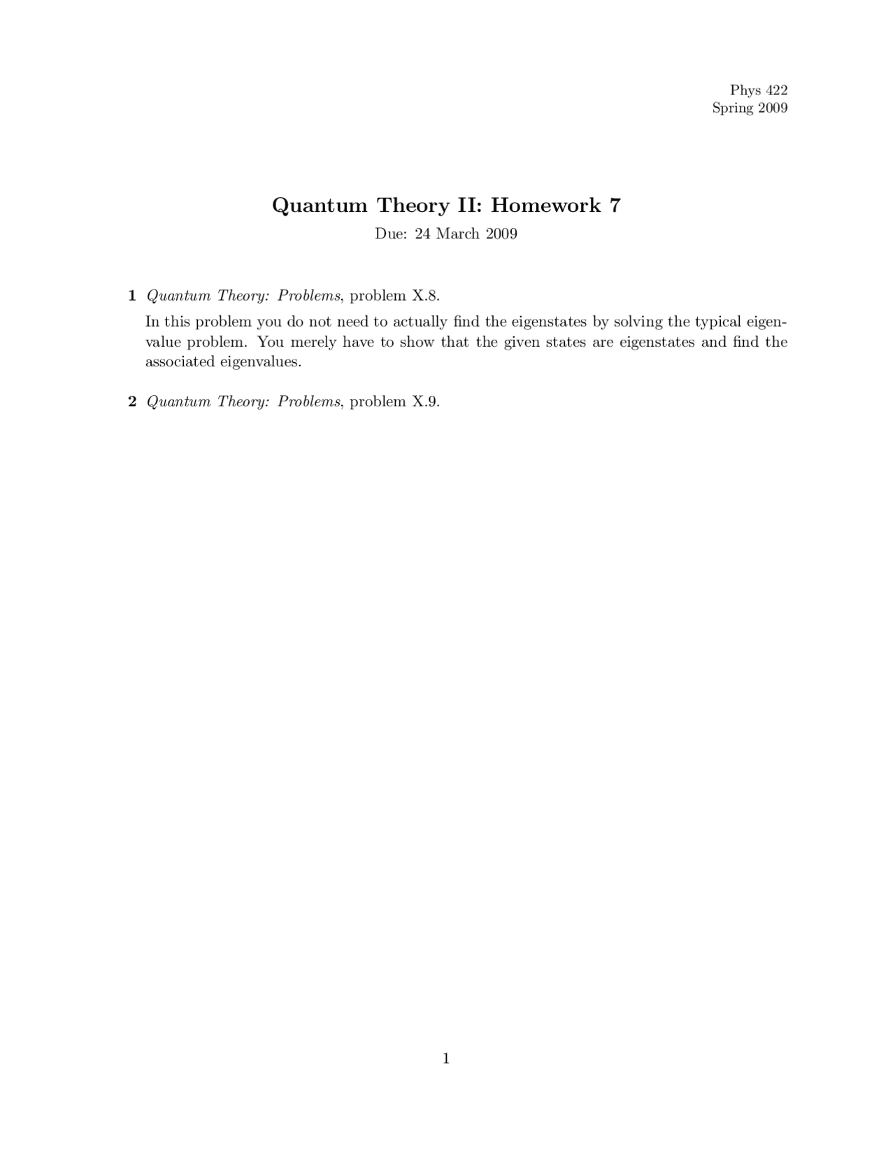 Homework 7 Problems for Quantum Theory II | PHYS 422 - Docsity