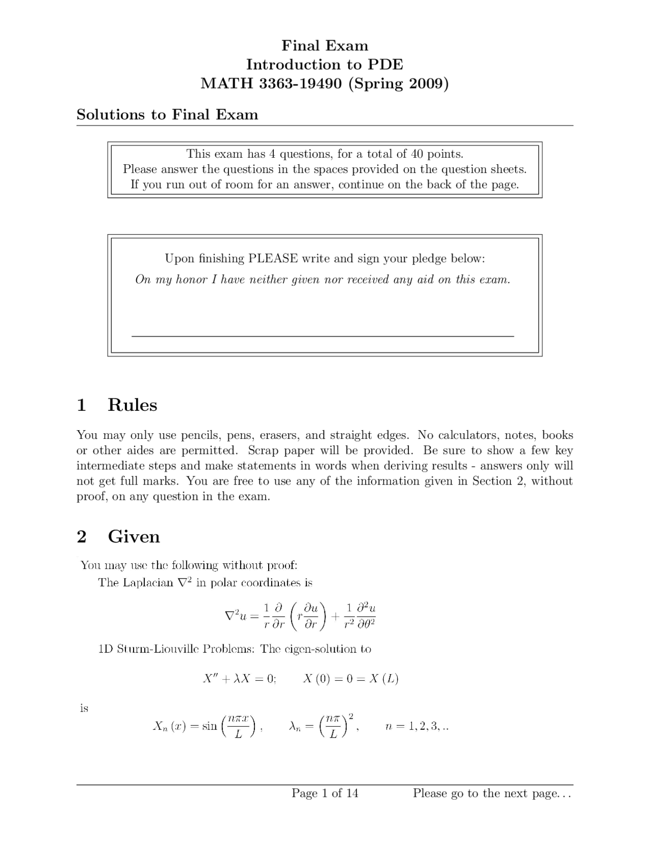 Final Exam With Solutions Introduction To Pde Math 3363 Docsity