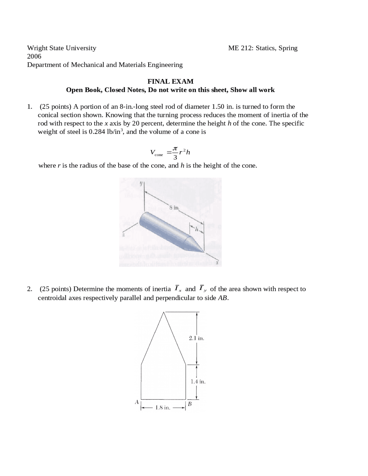 Final Examination Spring 2006 Statics Me 212 Docsity