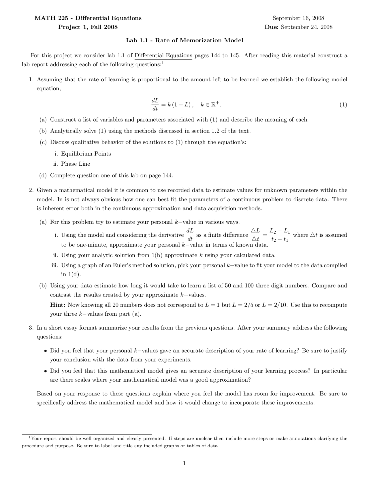 Role of Memorization Model - Differential Equations - Lab 1 | MATH 225 ...