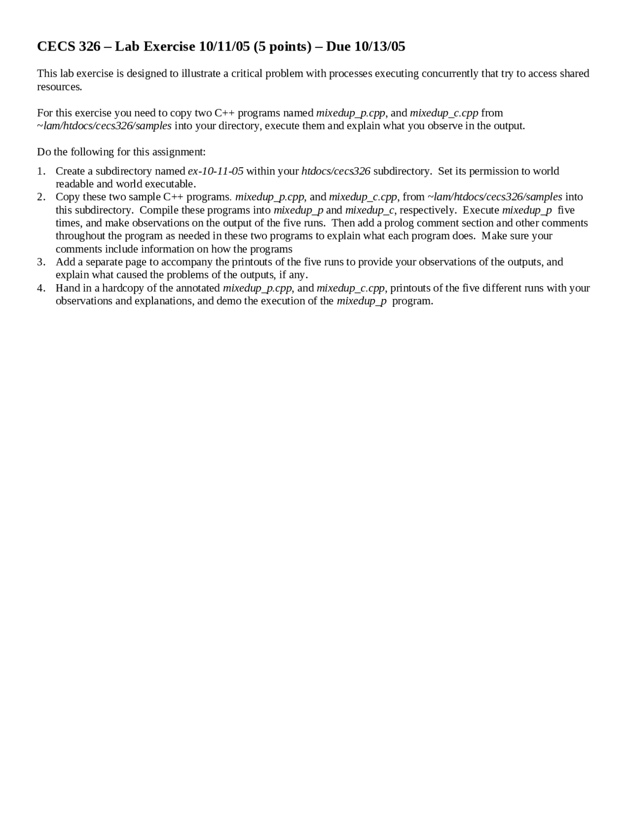 Lab Exercise Operating Systems Cecs 326 Docsity