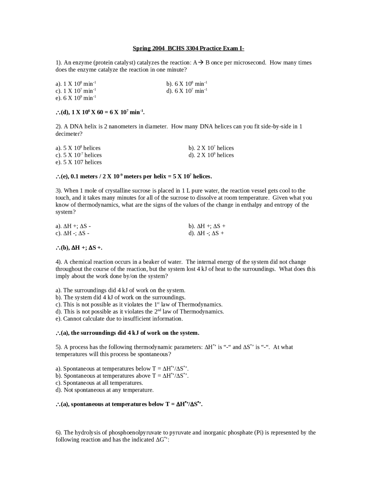 Practice Exam 1 Solutions General Biochemistry Bchs 3304 Docsity