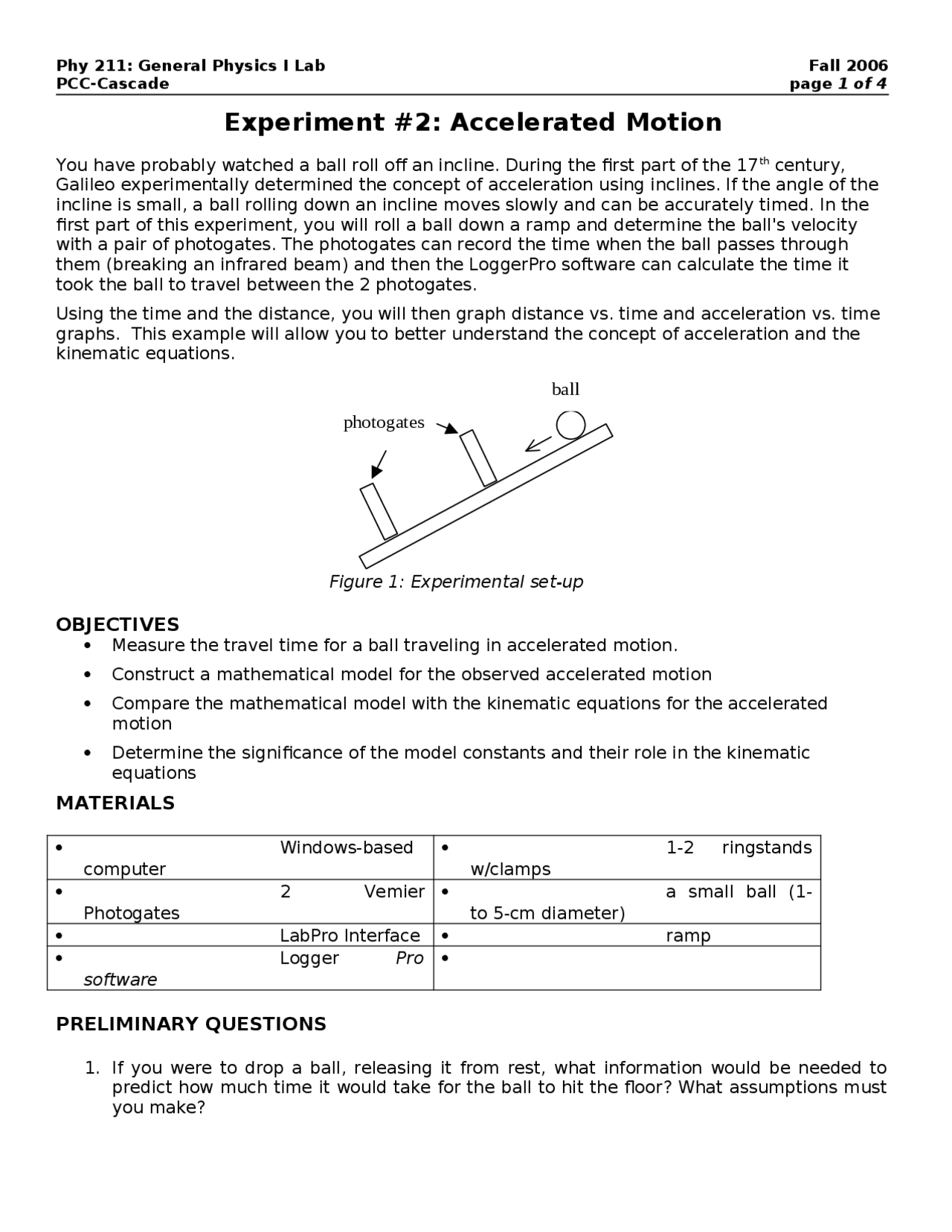 Accelerated Motion in General Physics l - Experiment 1 | PHY 211 - Docsity