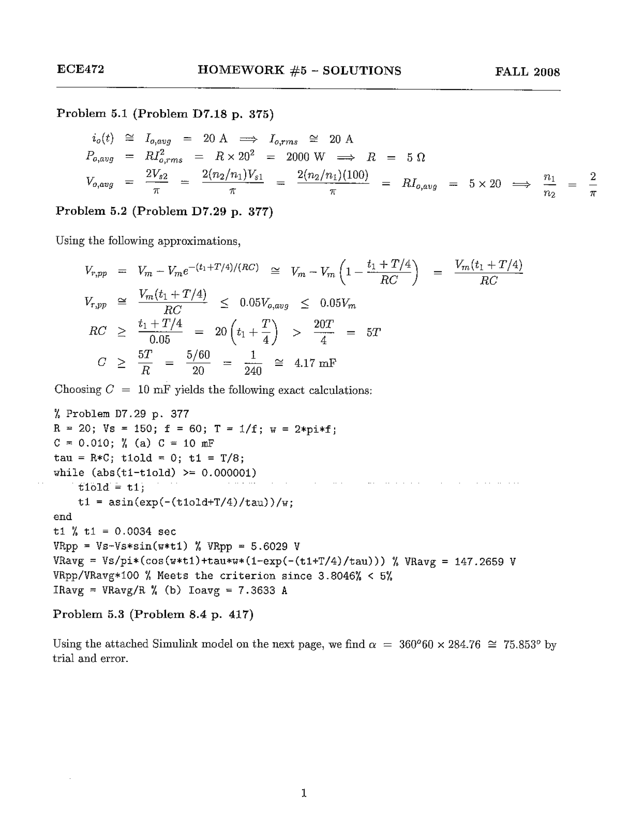 Homework 5 Solution Key Power Electronics Fall 2008 Ece 472 Docsity