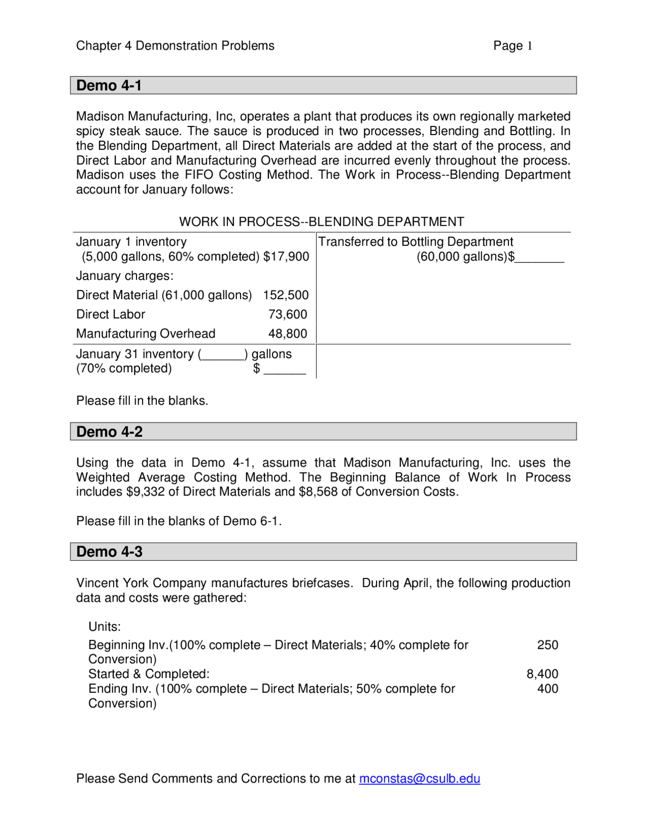 Demonstration Problems Cost Accounting For Managers Acct 310 Docsity