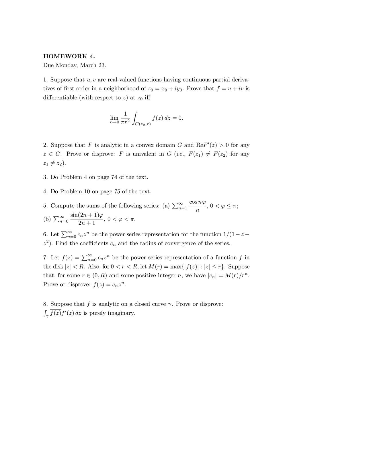 Homework 4 Questions For Complex Analysis Math 6760 Docsity