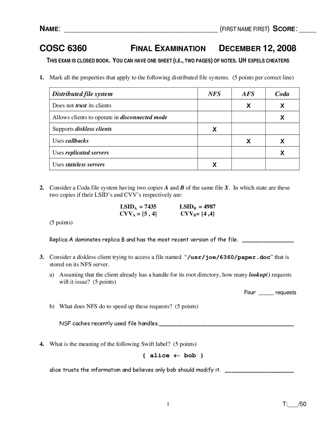 Final Exam With 7 Questions For Operating Systems Cosc 6360 Docsity