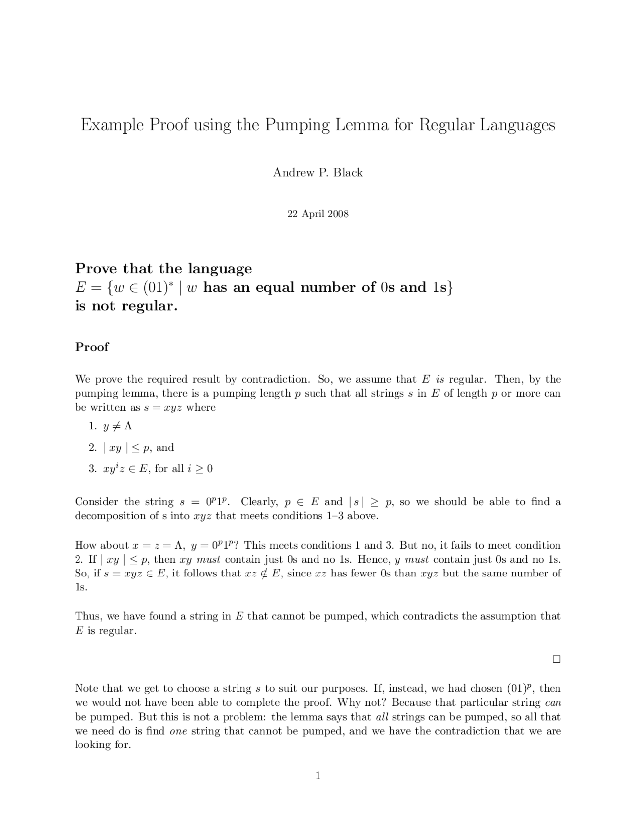 Example Proof Using the Pumping Lemma for Regular Languages | CS 311 ...