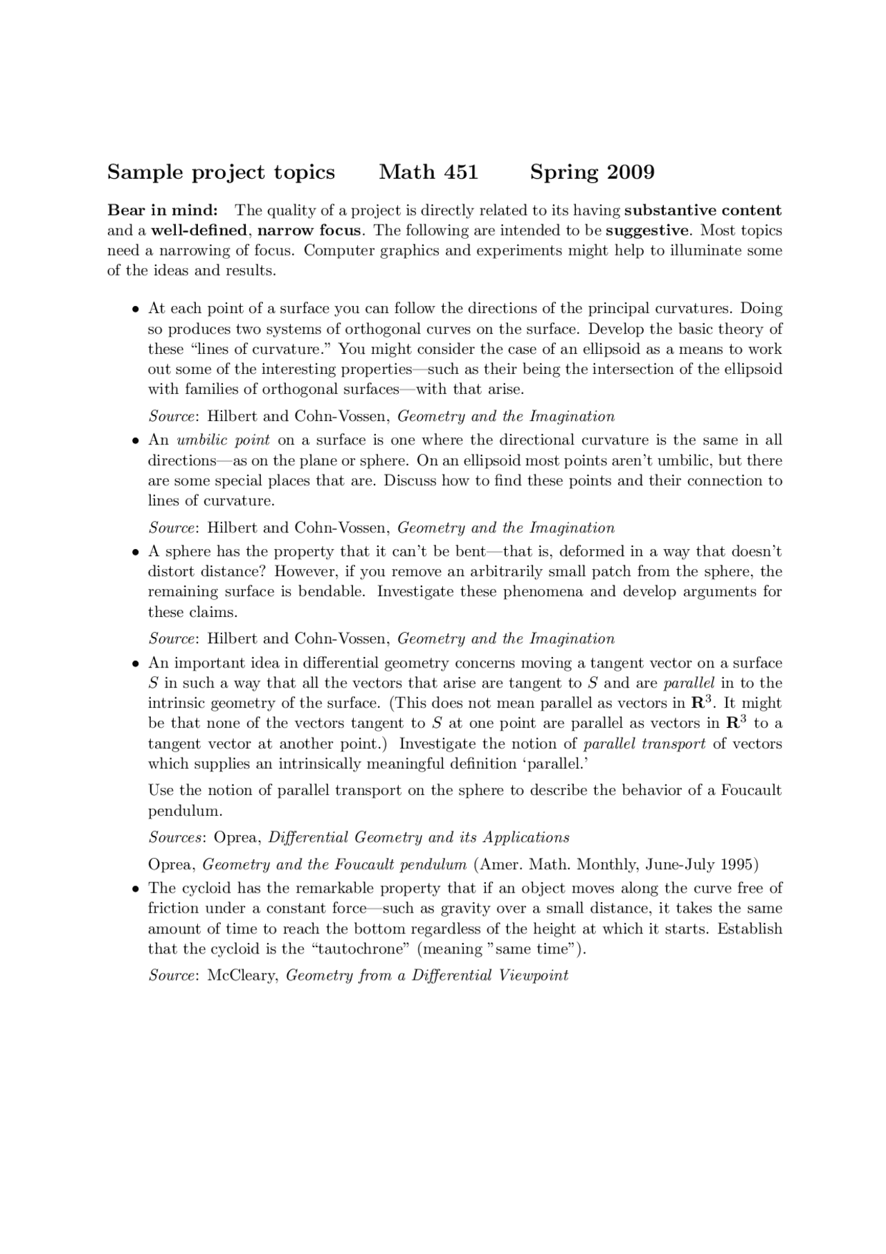 Sample Project Topics Differential Geometry Math 451 Docsity