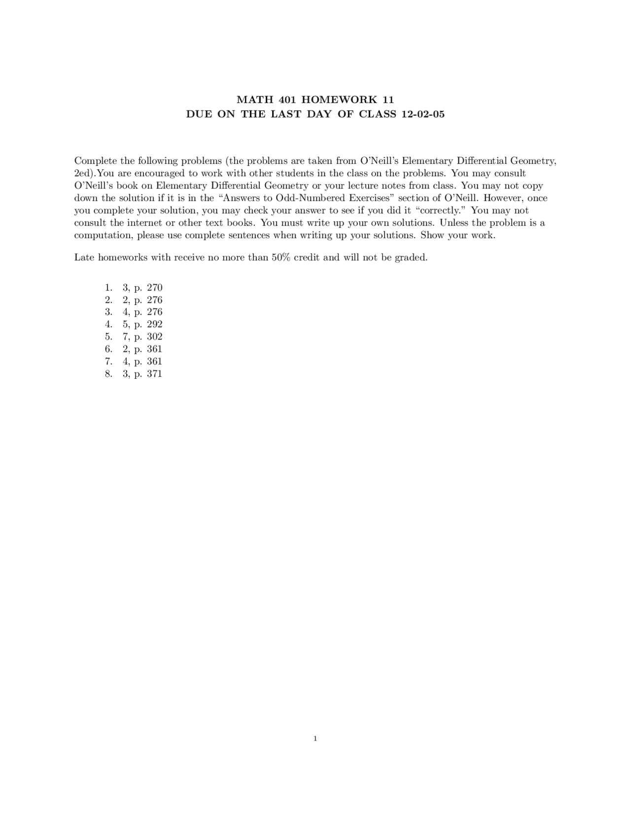 Differential Geometry Problem Set 11 Math 401 Docsity
