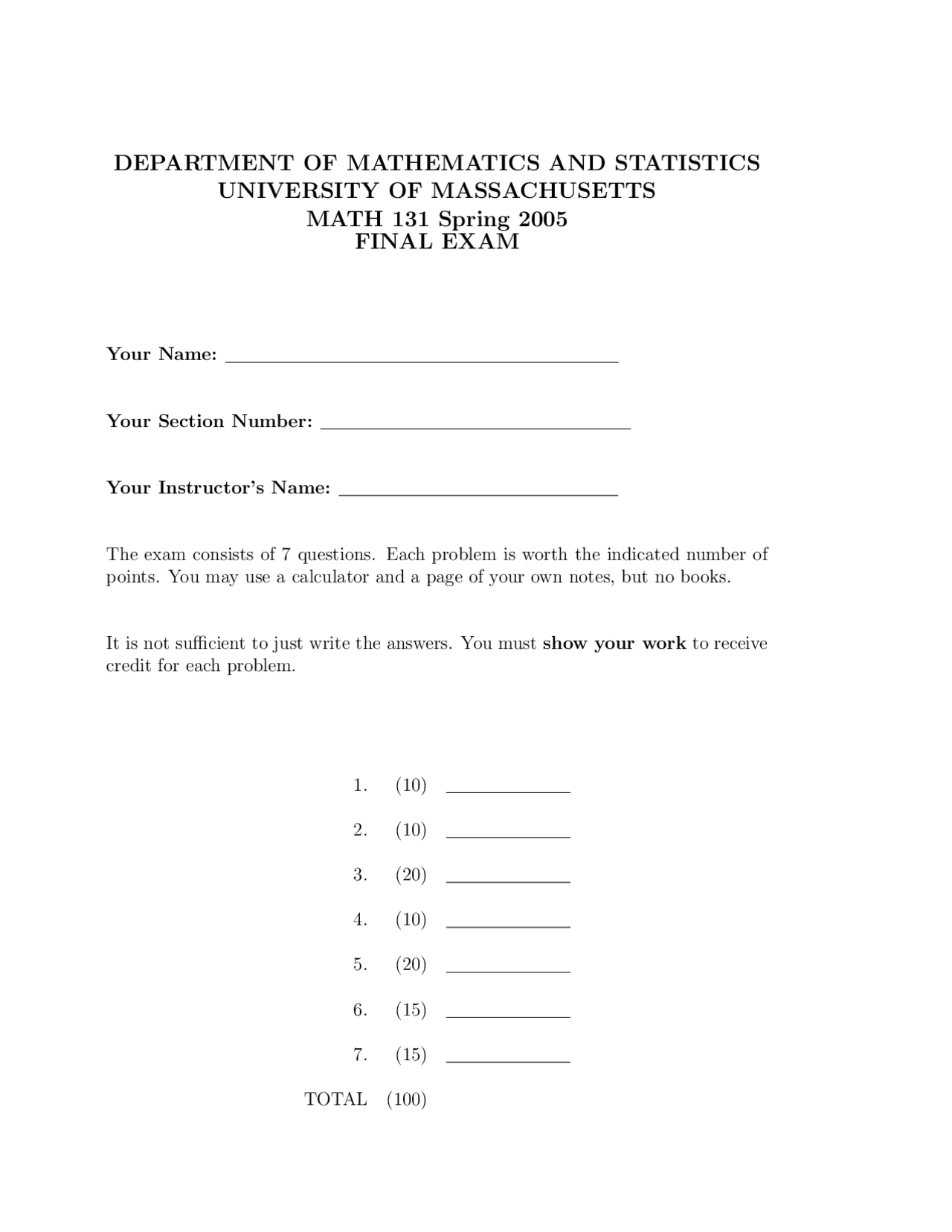 Final Exam Practice Calculus I Math 131 Docsity