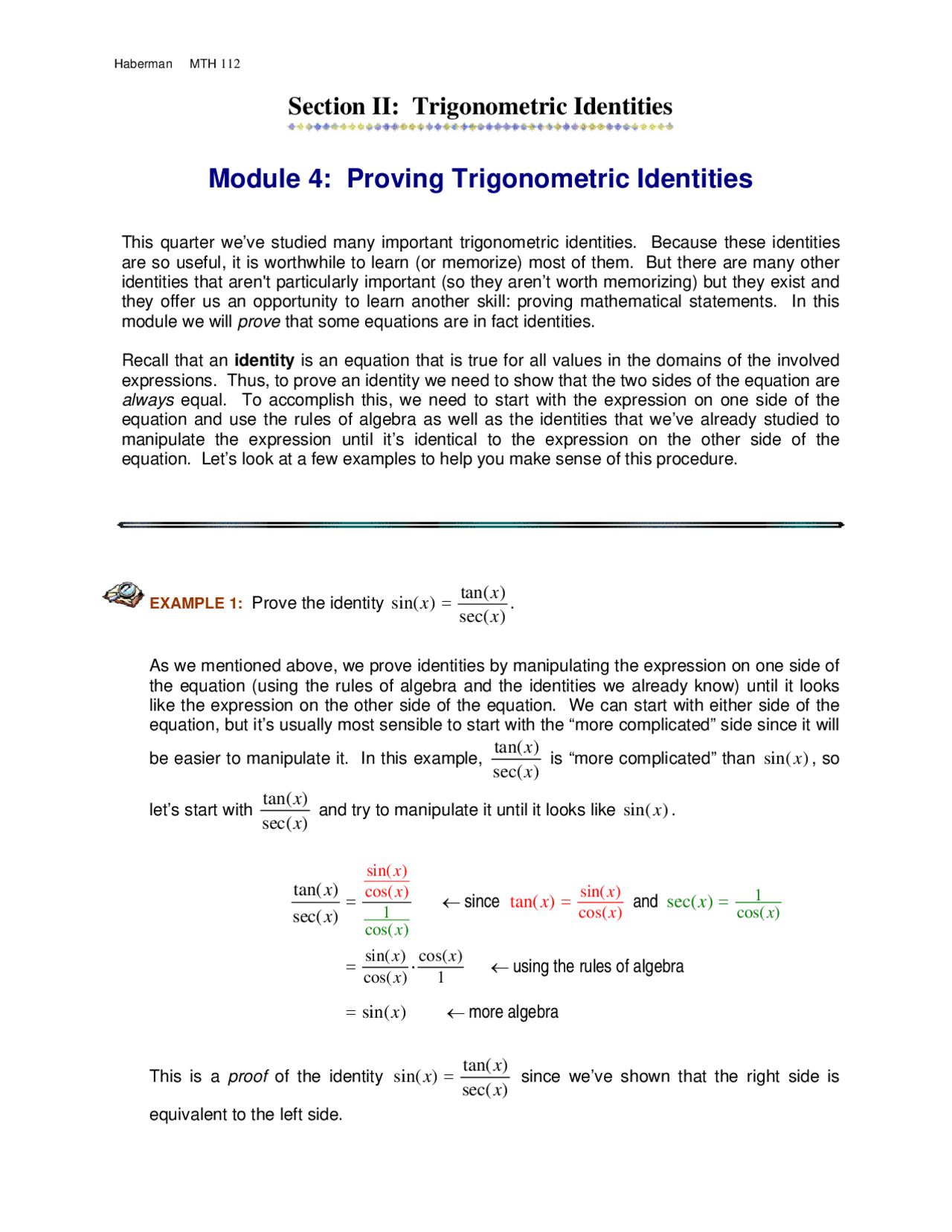 Proving Trigonometric Identities - Module #4 | MTH 112 - Docsity