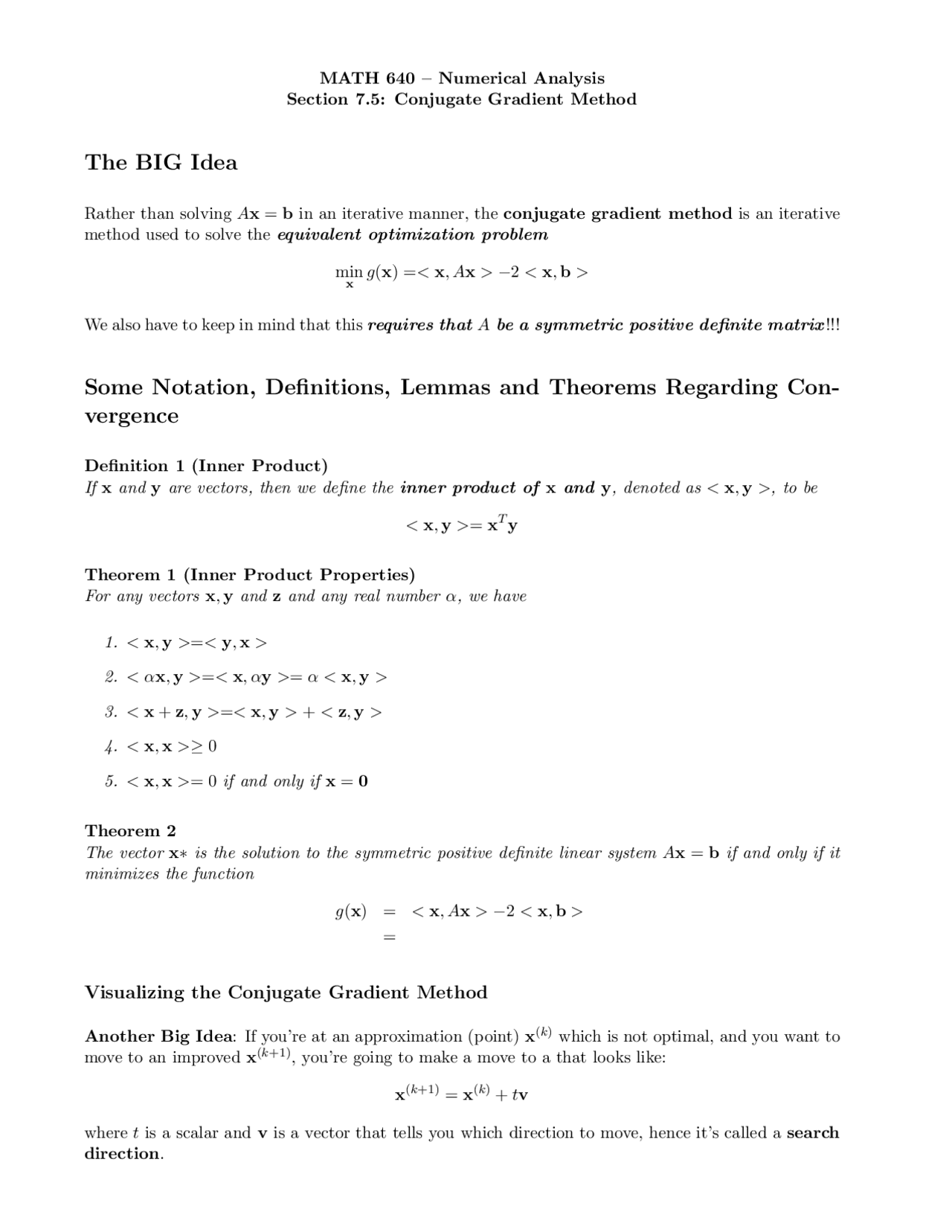 Conjugate Gradient Methods - Lecture Notes | MATH 640 - Docsity
