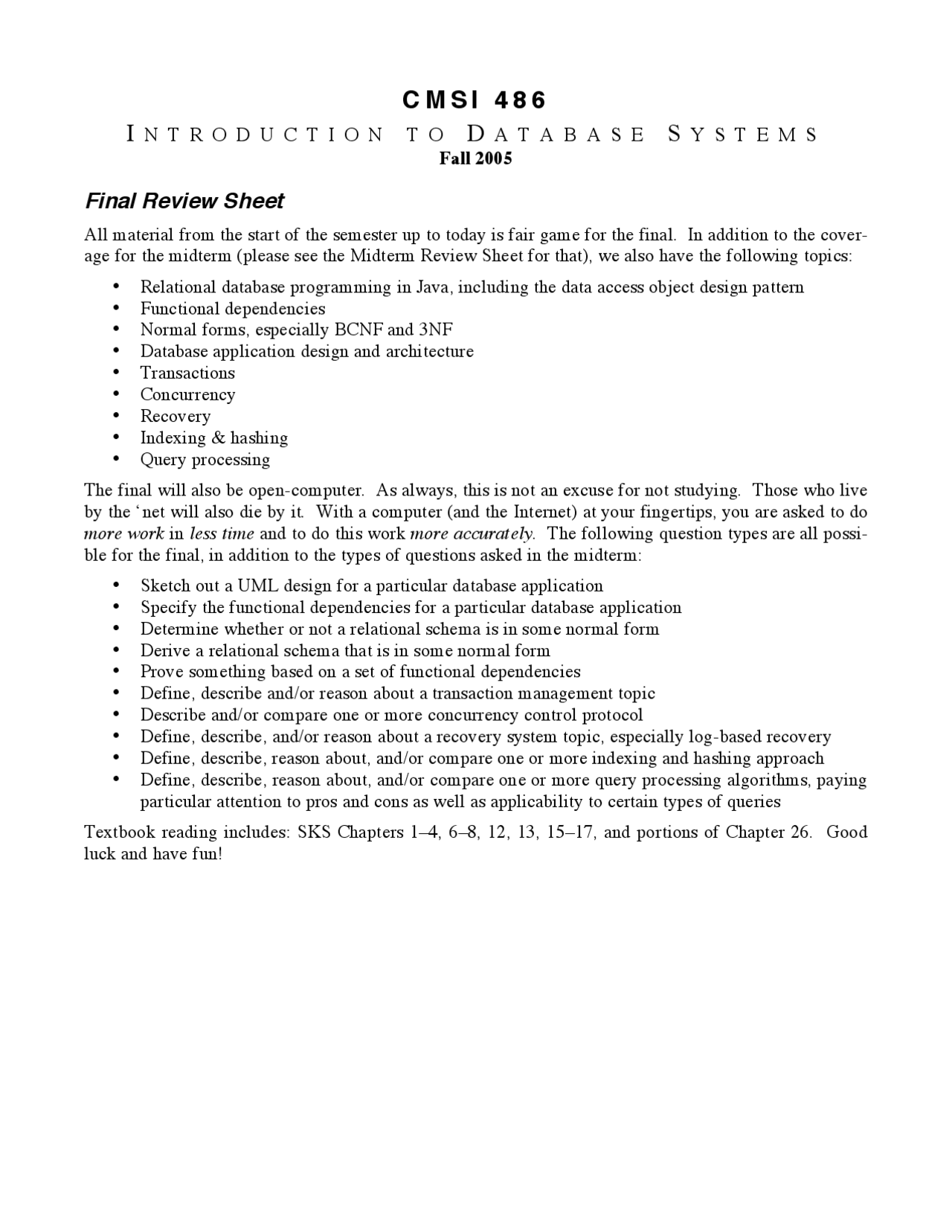 Introduction To Database Systems Final Review Sheet Cmsi 486 Docsity