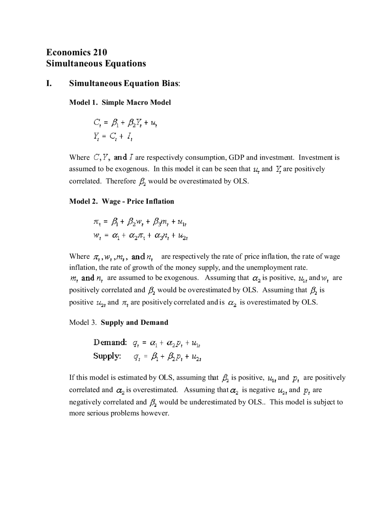 Simple Micromodel Of The Simultaneous Equations Econ 210 Docsity