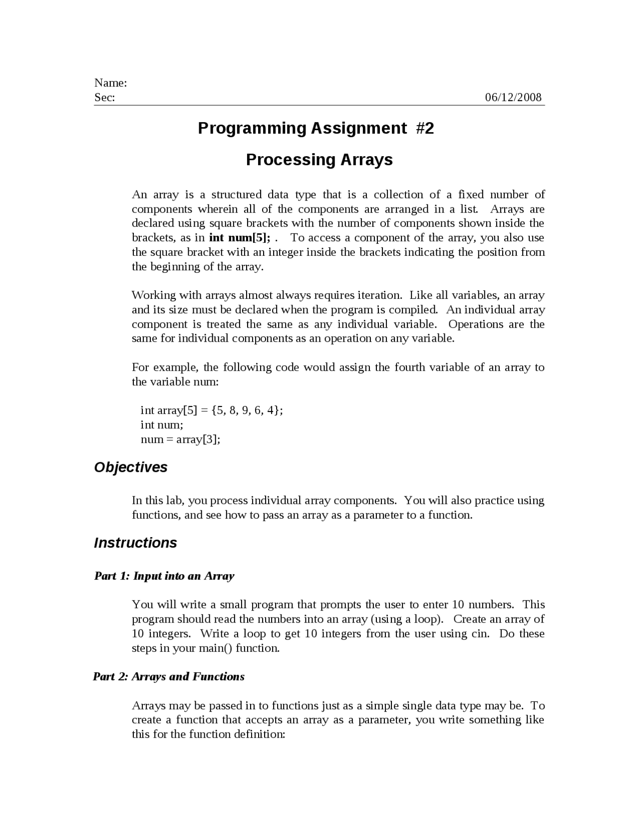 Programming Assignment 2 Processing Arrays 2008 Csci 152 Docsity 0445