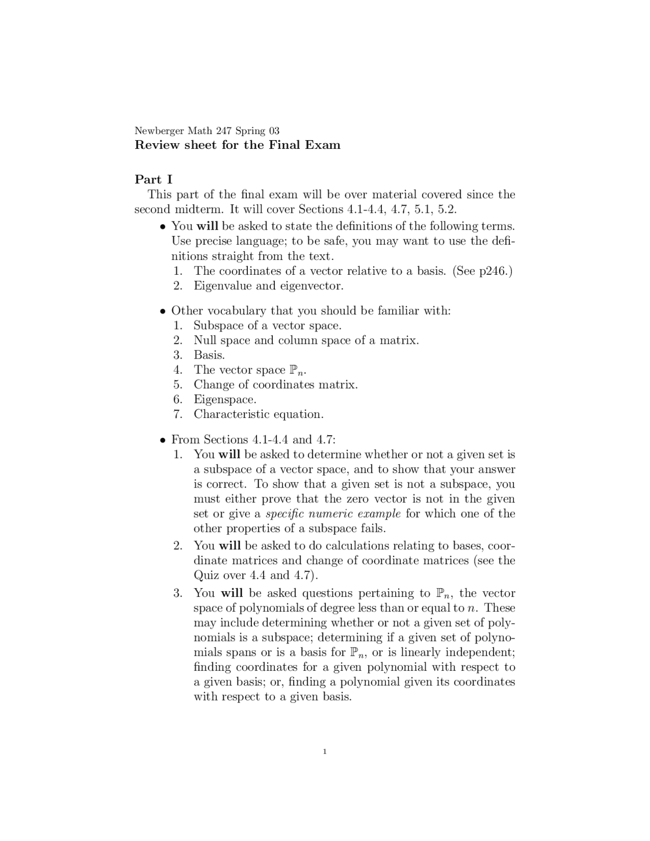 Review Sheet For Final Exam Introduction Linear Algebra Math 247